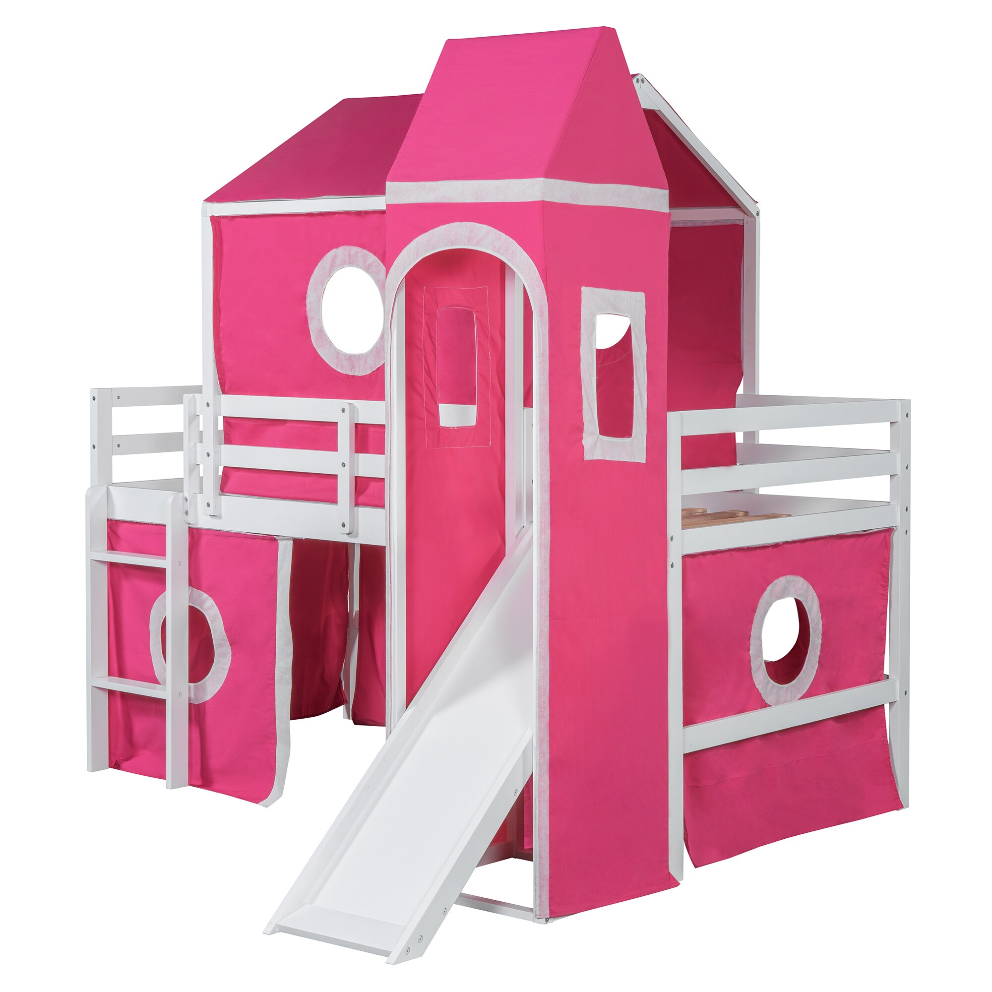 LUXEYARD Loft Bed with Slide Pink Tent and Tower Pink in the Beds ...