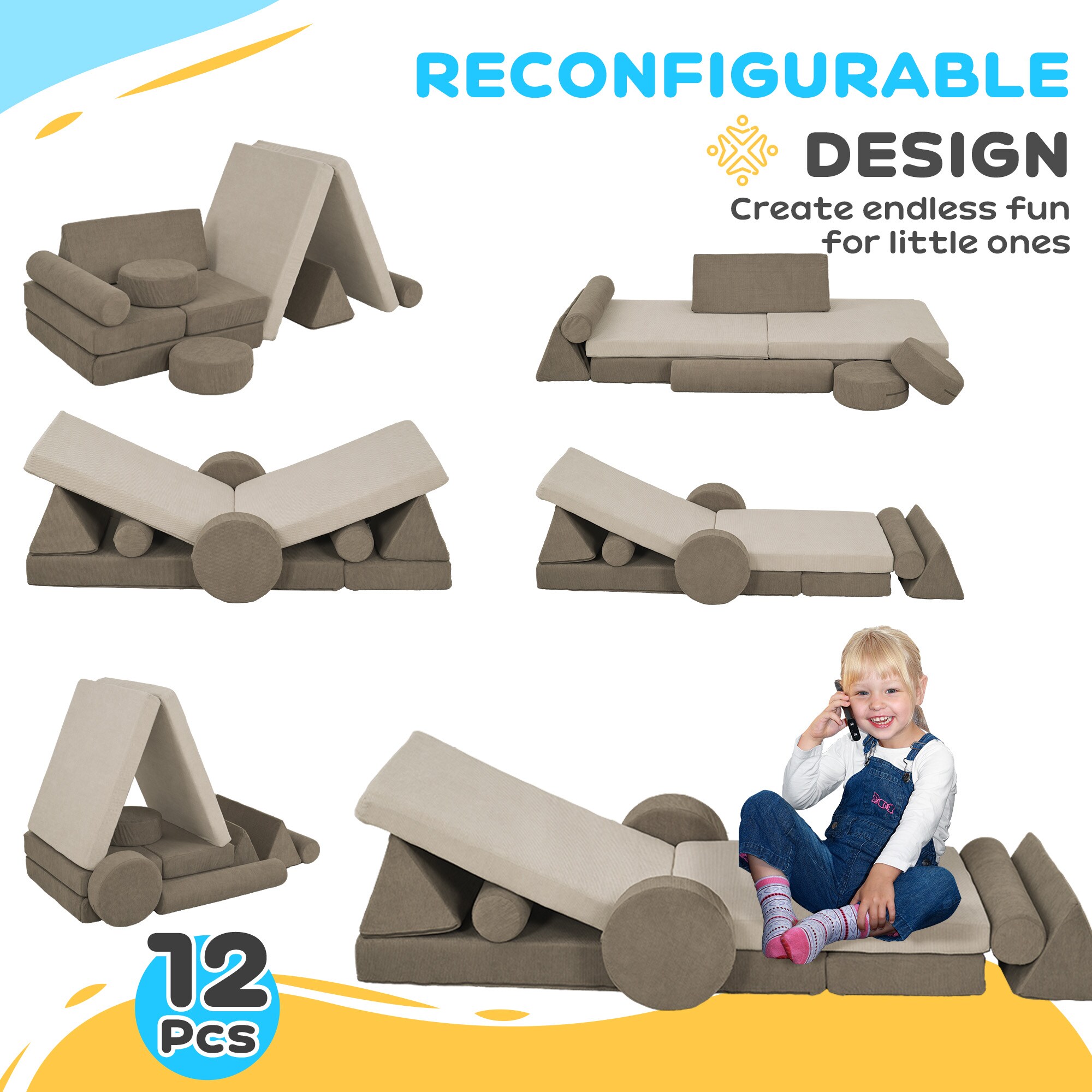 LUXEYARD Modular Kids Play Couch 12 Piece Kids Couch for Playroom ...