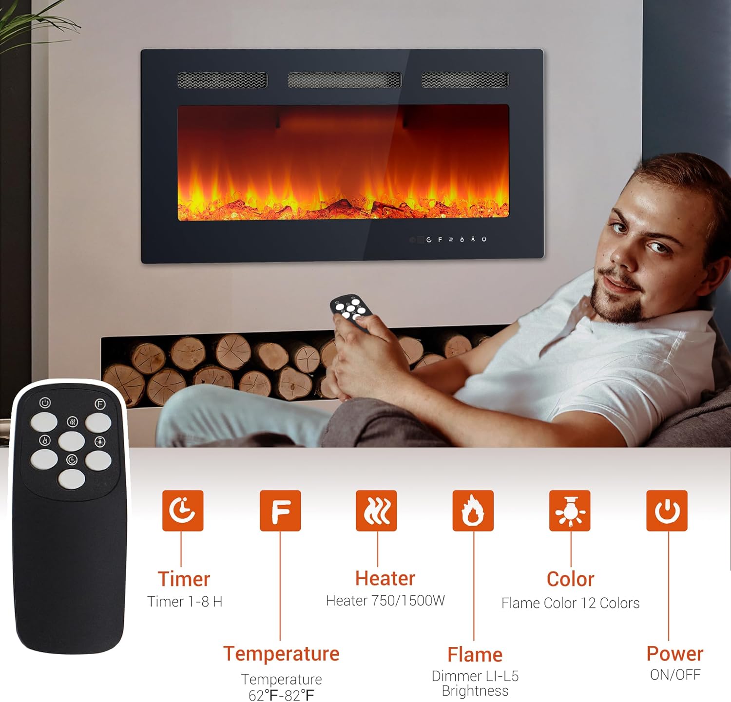 Garvee 36-in Black Electric Fireplace Wall Mounted 12 Realistic Flame ...