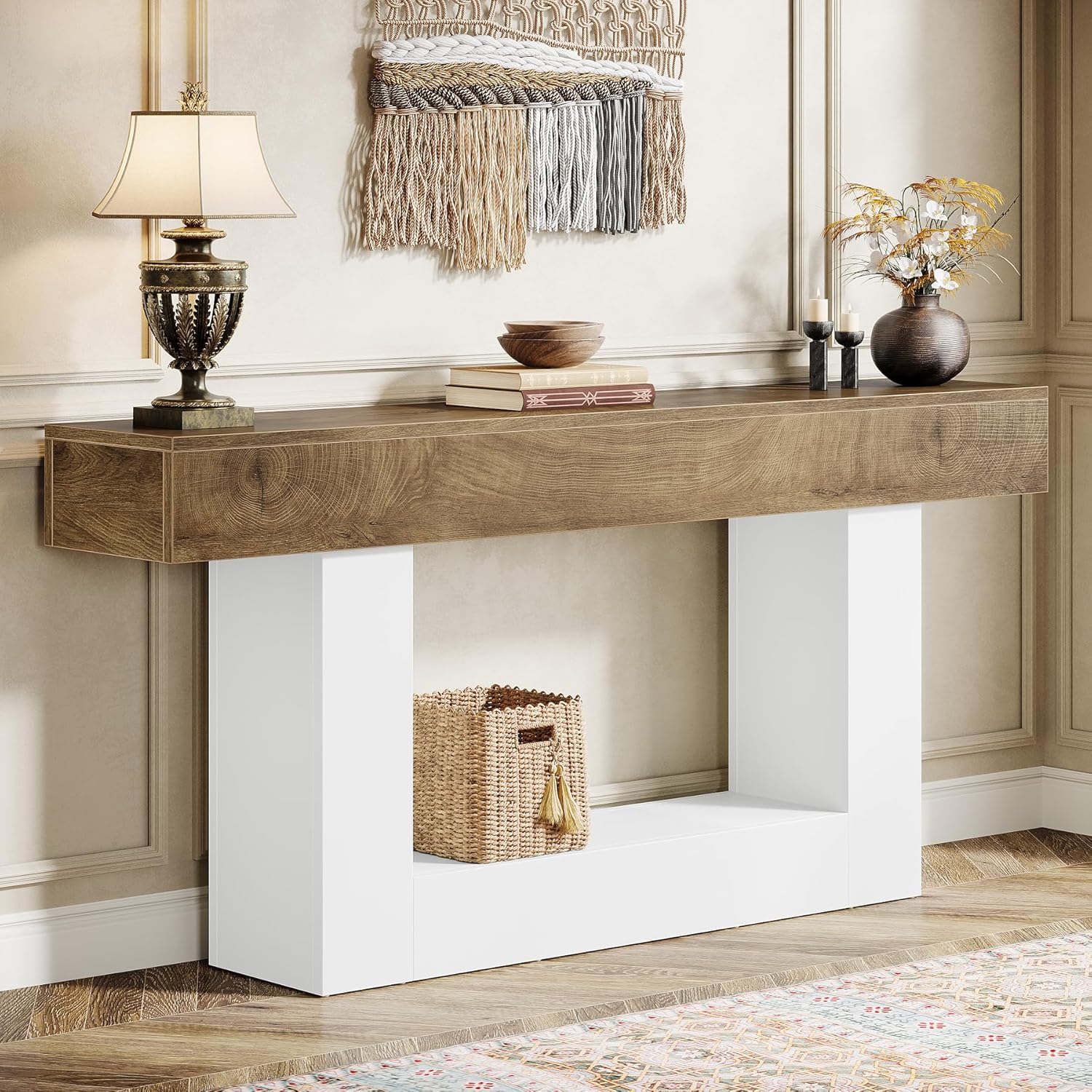 Tribesigns 63 inch W Farmhouse 2 Tier Narrow Long Wood U Shaped Base ...