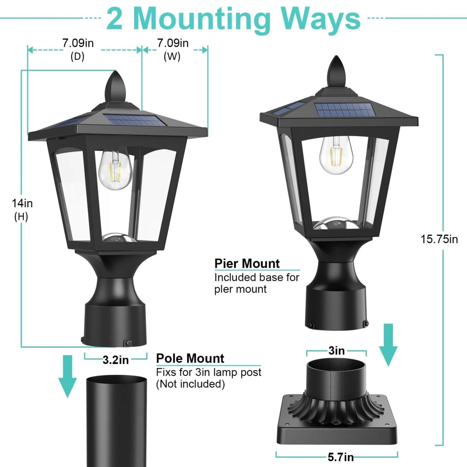 Angel Sar 6x6in Base 1-Light 6000K Cool White Outdoor Solar Post Light ...
