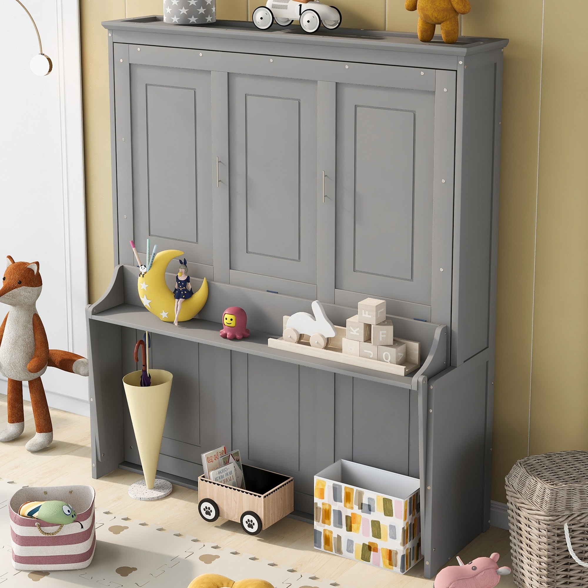 Horizons Prime Queen Size Gray Solid Wood and MDF Murphy Bed with a ...