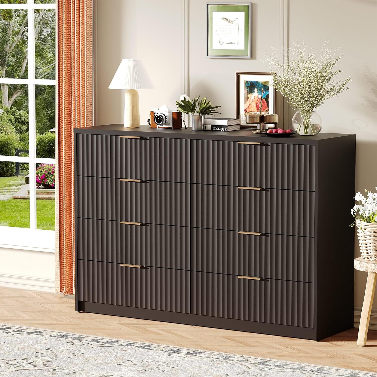 Garvee Black Modern Dresser With Eight Drawers Fluted Front Versatile ...