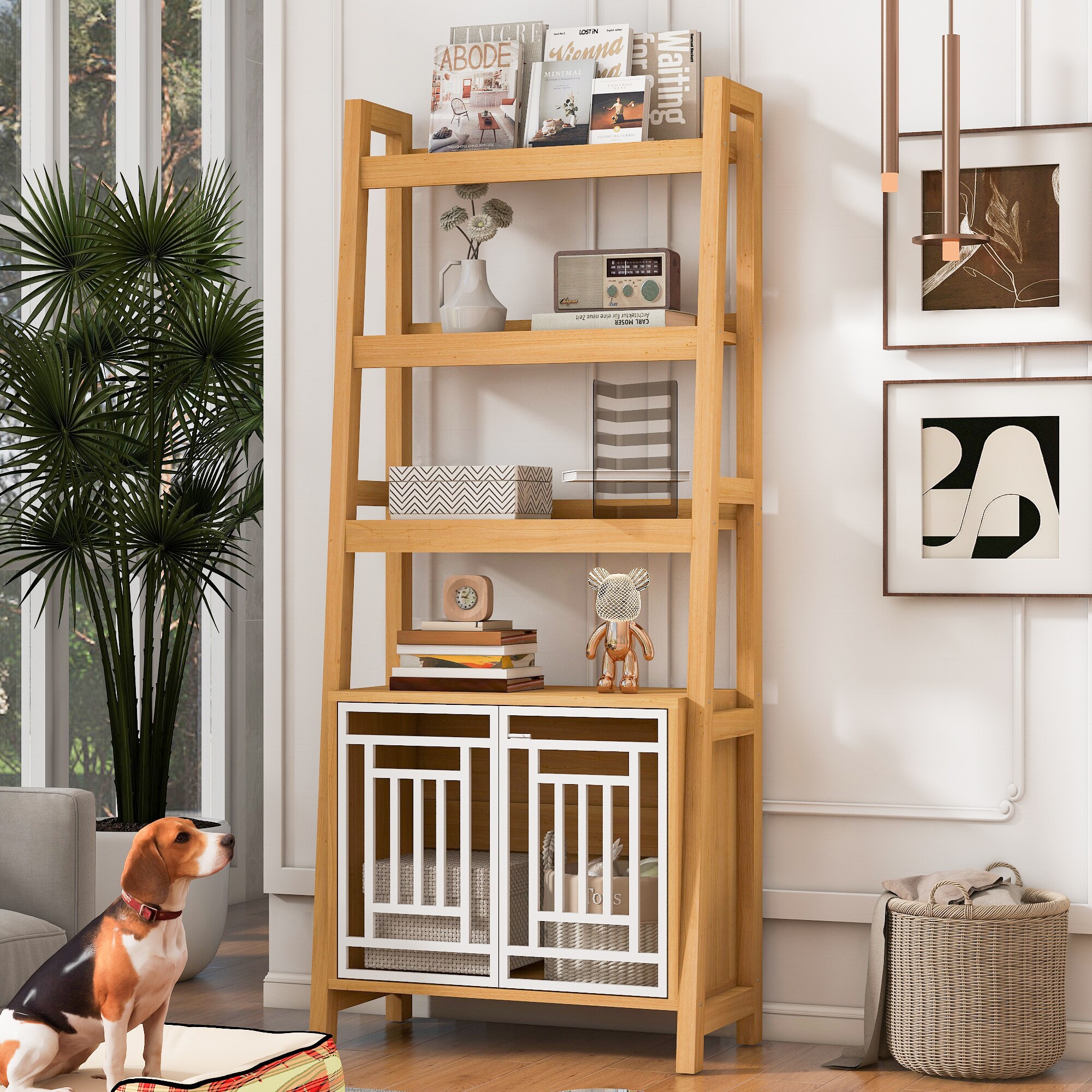 Misopily Modern 2 in 1 Dog Crate Ladder Bookshelf Tall Wood Display ...