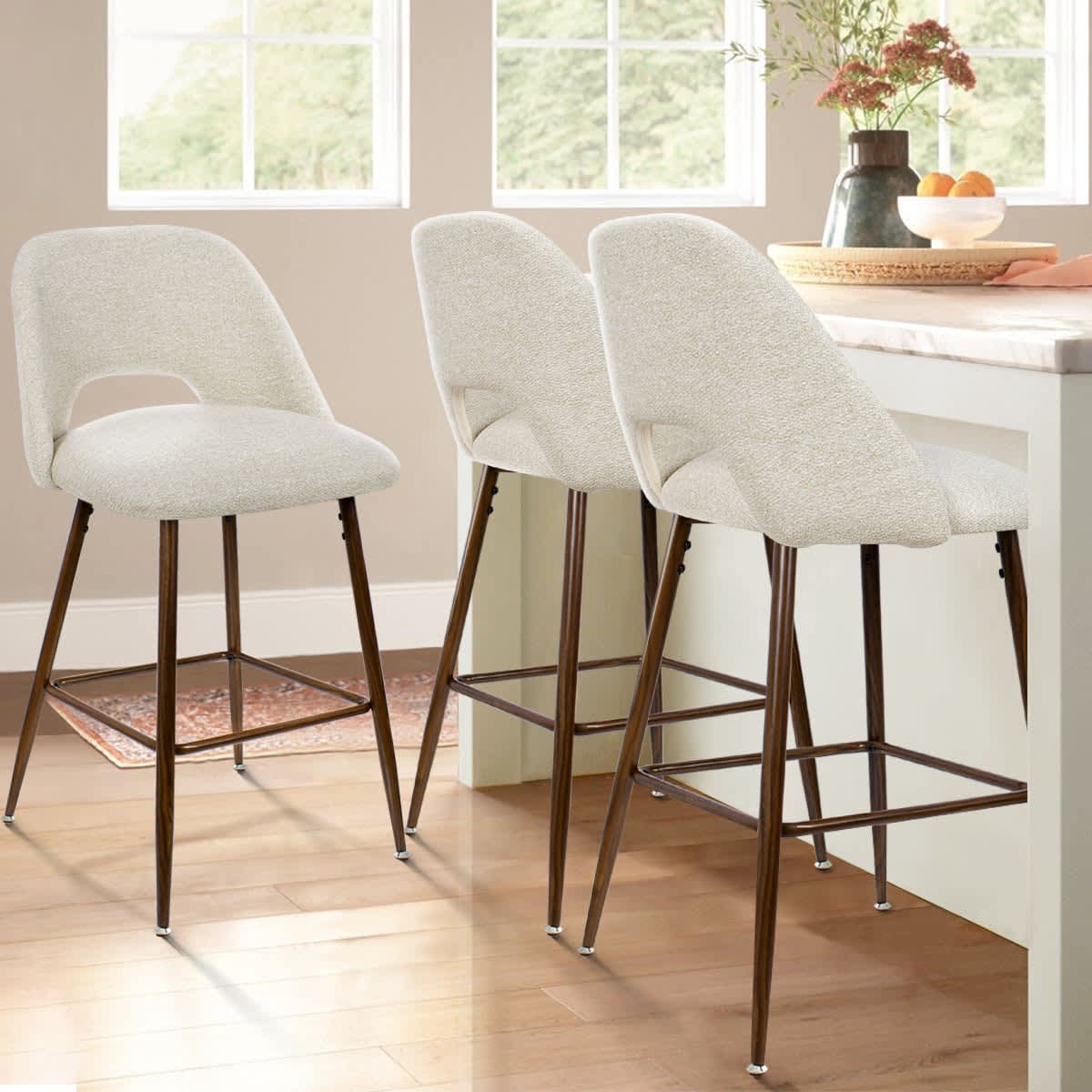 Maison Boucle Set of 3 Beige Upholstered Bar Stools 26 Inch Counter ...