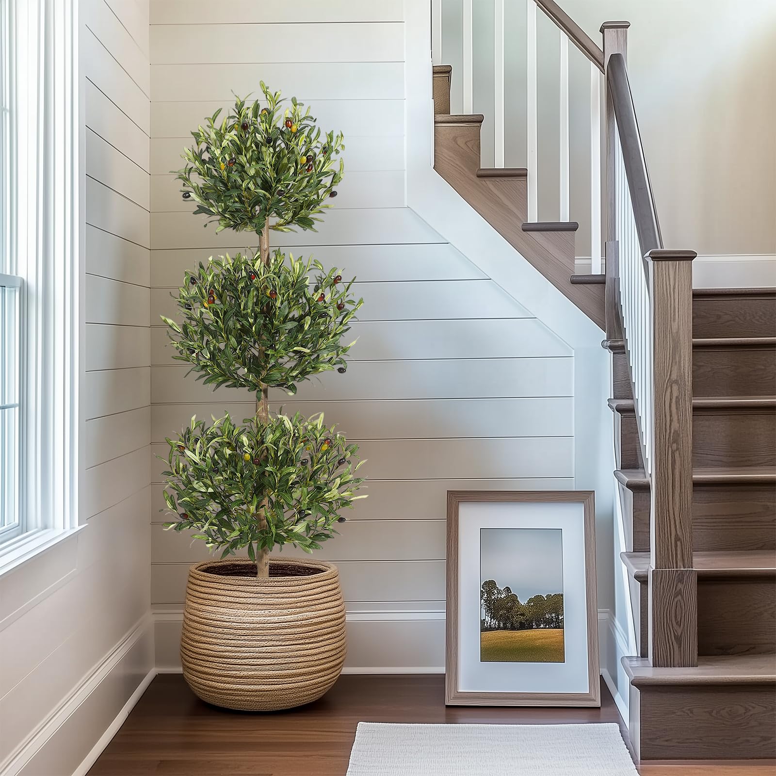 Garvee 5 ft Artificial Triple Ball Topiary Olive Tree with Moss and Pot ...