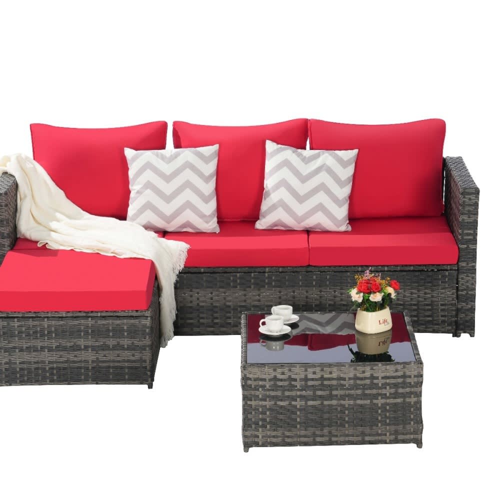 Coolbibila 3-Piece Red Wicker Outdoor Sectional Sofa Set 4-Seater L ...