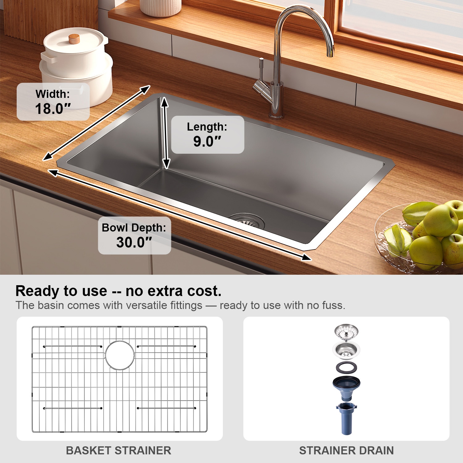 MEGA CASA Undermount 30-in x 18-in Stainless Steel 18 Gauge Single Bowl ...