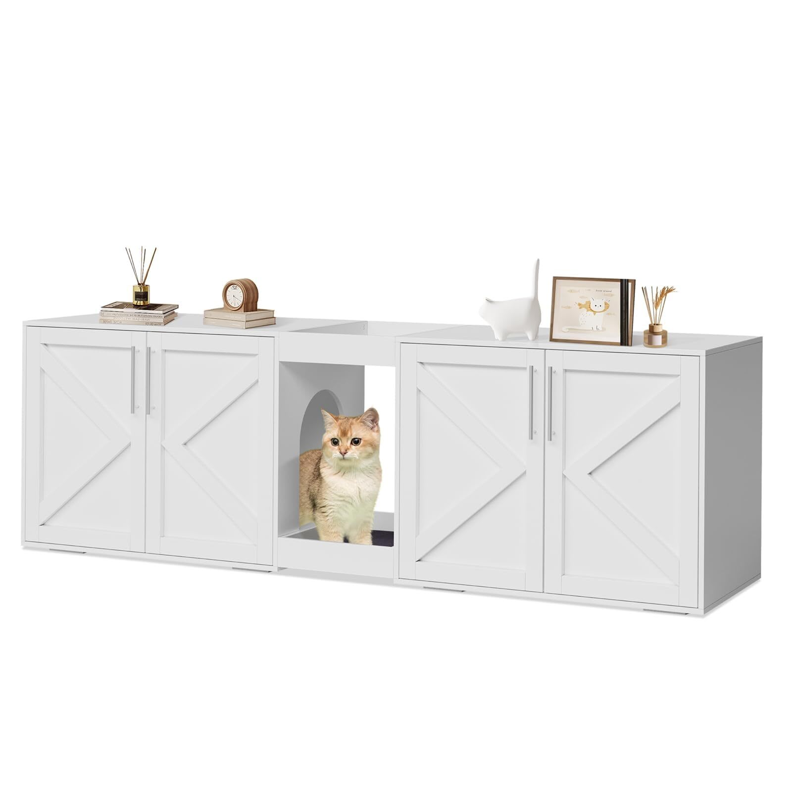Qeetex Double Cat Litter Box Enclosure Wooden Hidden Litter Box Side ...