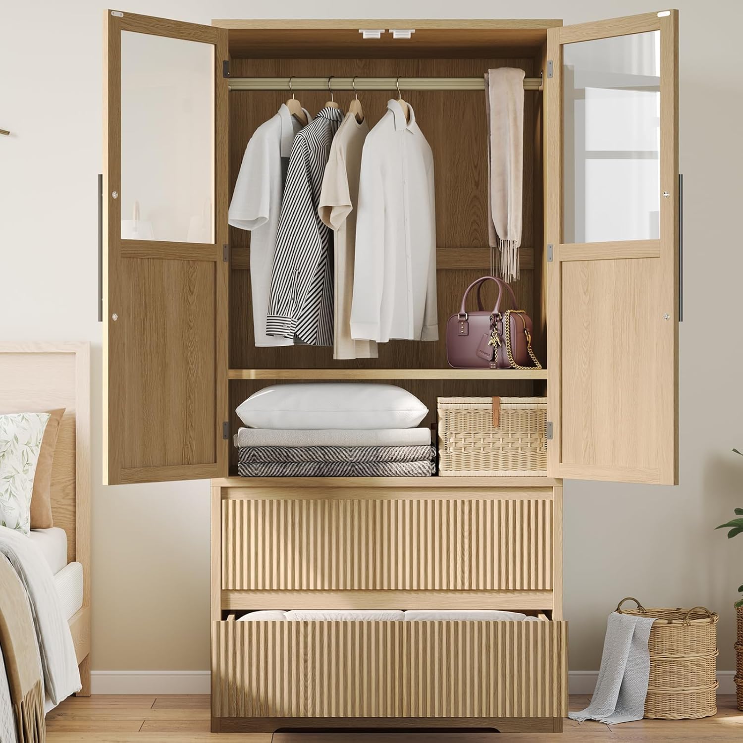 Der Rose Bedroom Wooden Armoire Wardrobe Closet with Glass Doors 2 ...