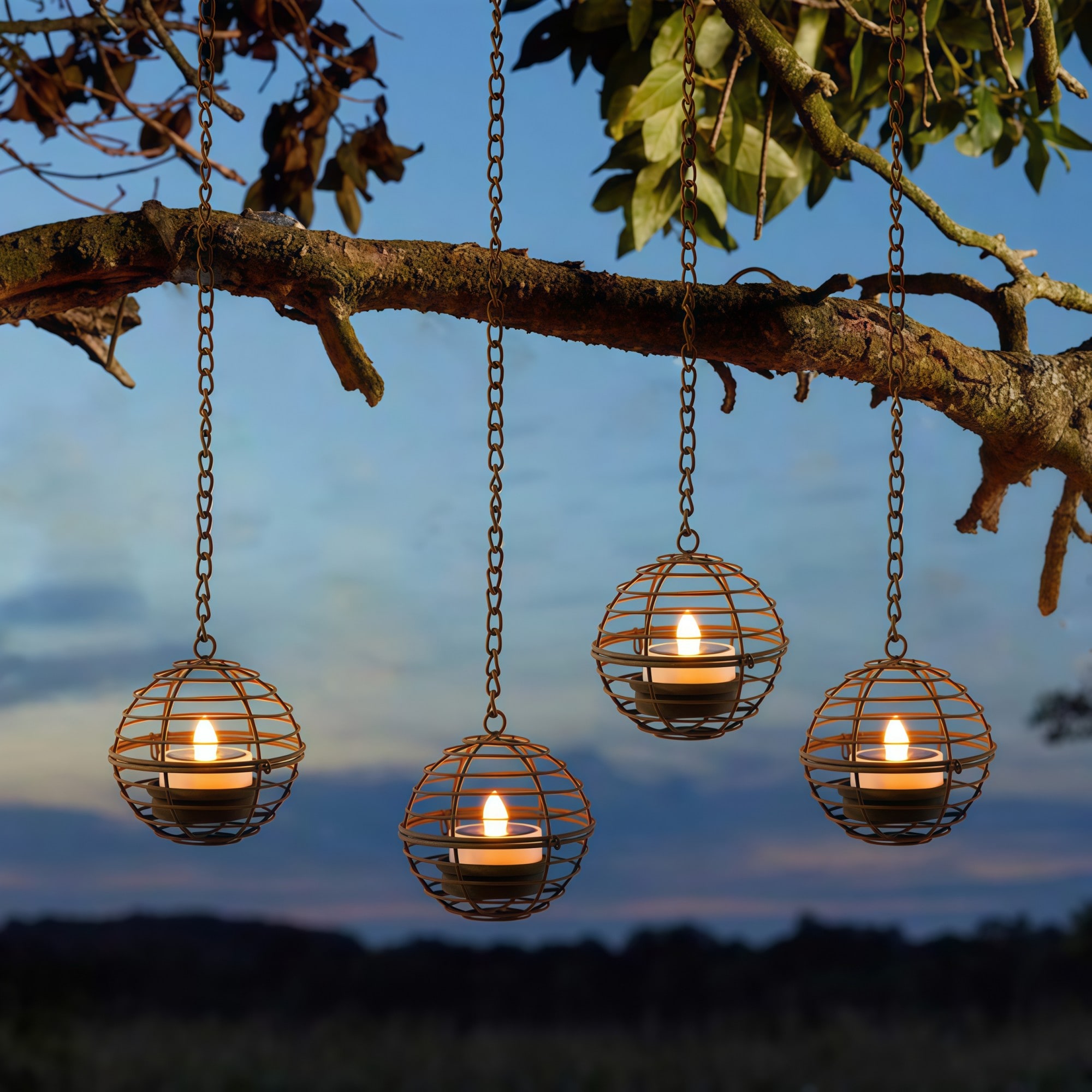 Numhew 3.15in Dia 4-Light Rust Iron Ball Amber Solar Hanging Lanterns ...