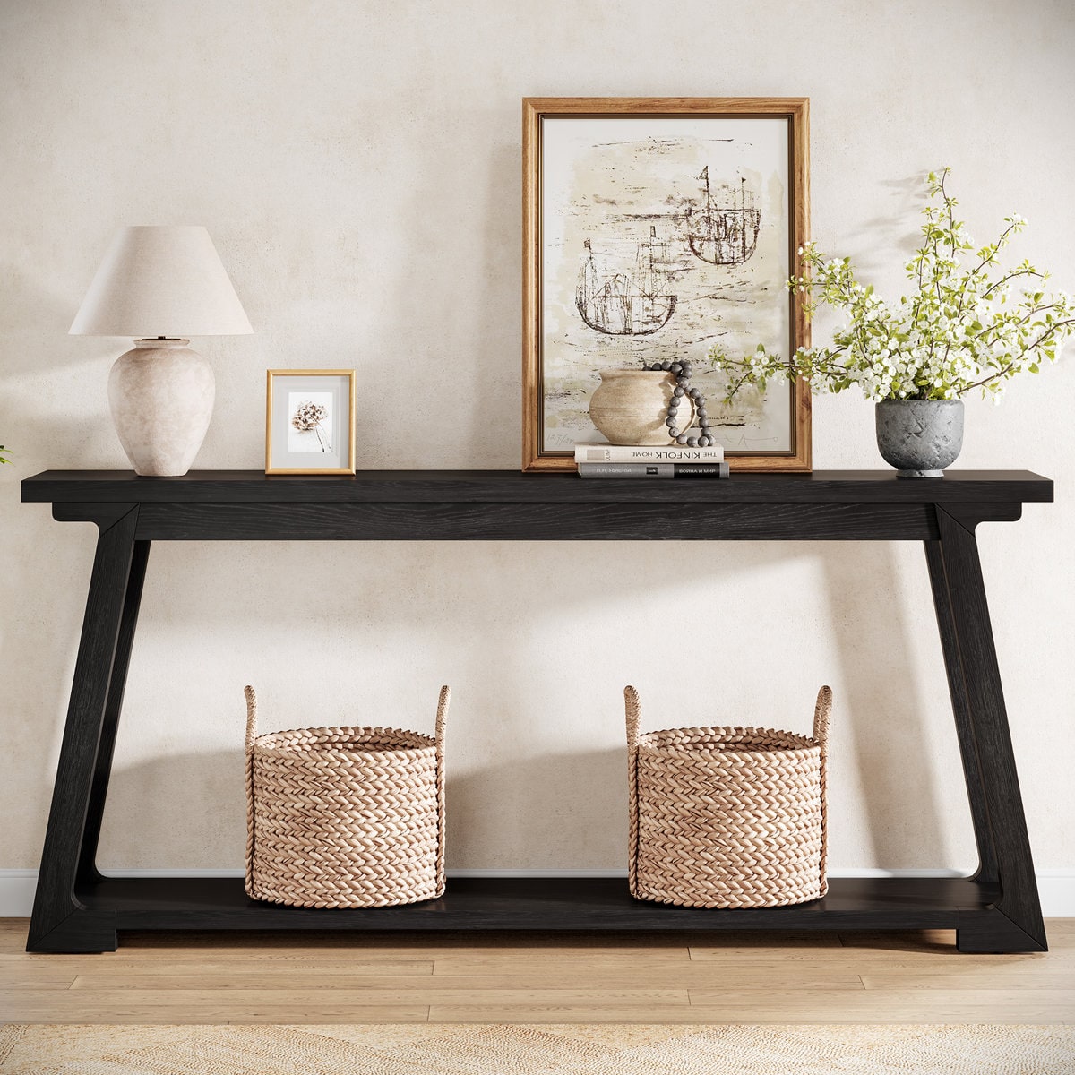 LITTLE TREE Black Solid Wood Console Table 63-Inch Long Couch Table ...
