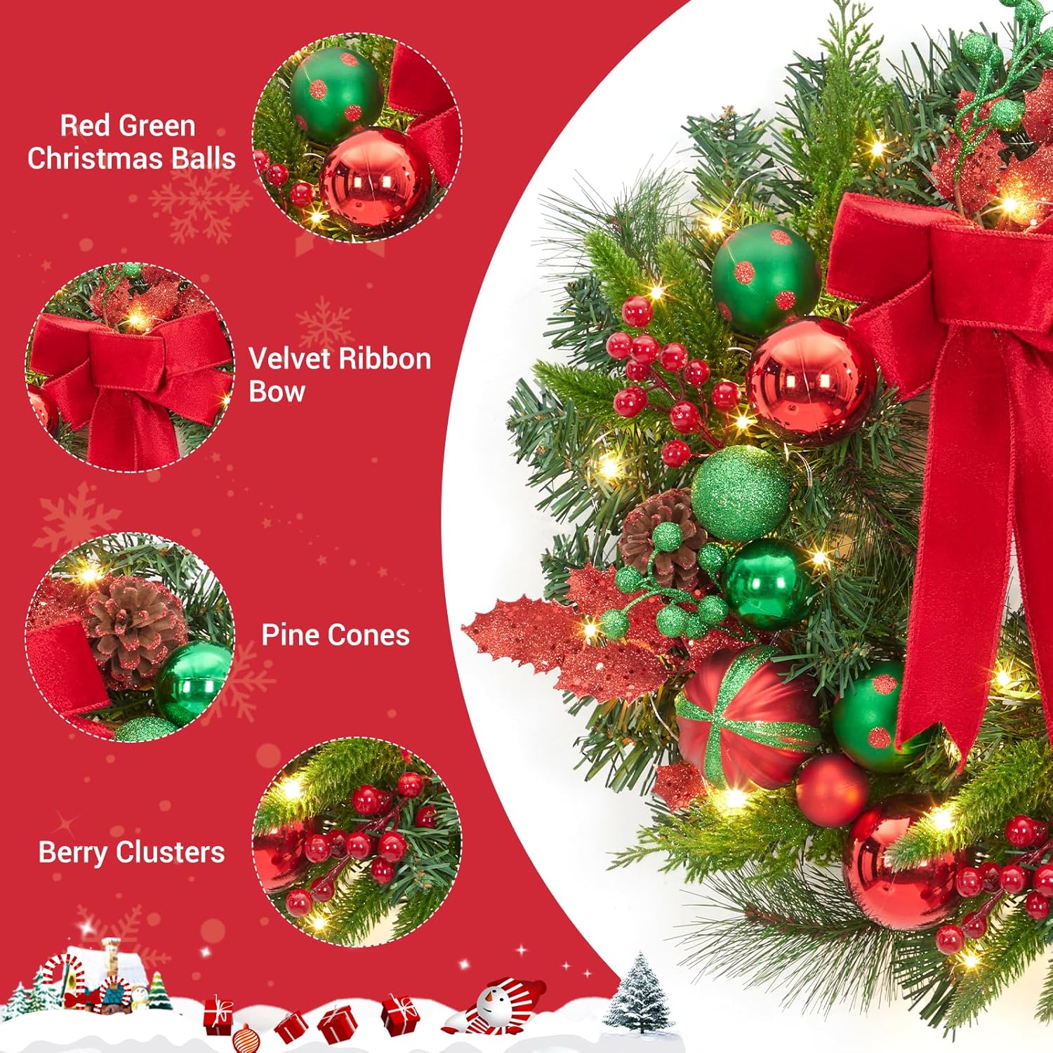 Garvee 22-in Red Green Christmas Wreath Pre-Lit with LED Lights and ...
