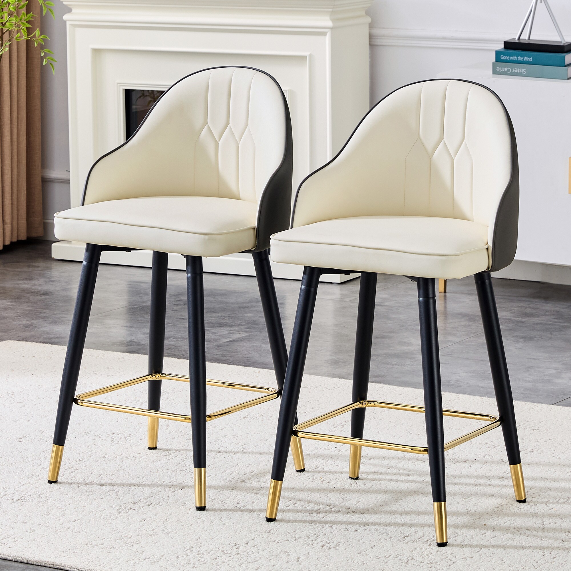 LUXEYARD Set of 2 White Dark Gray Splicing Colors PU Leather Bar Stools ...