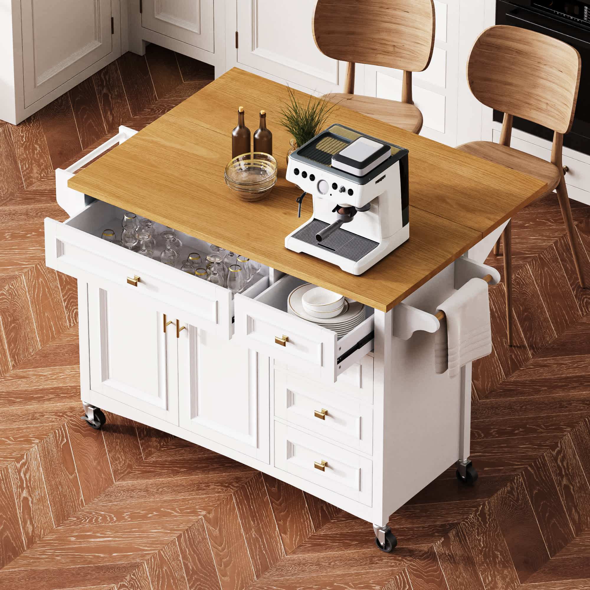 Misty Moon 52 Inch White Kitchen Island with Drop Leaf Kitchen Storage ...