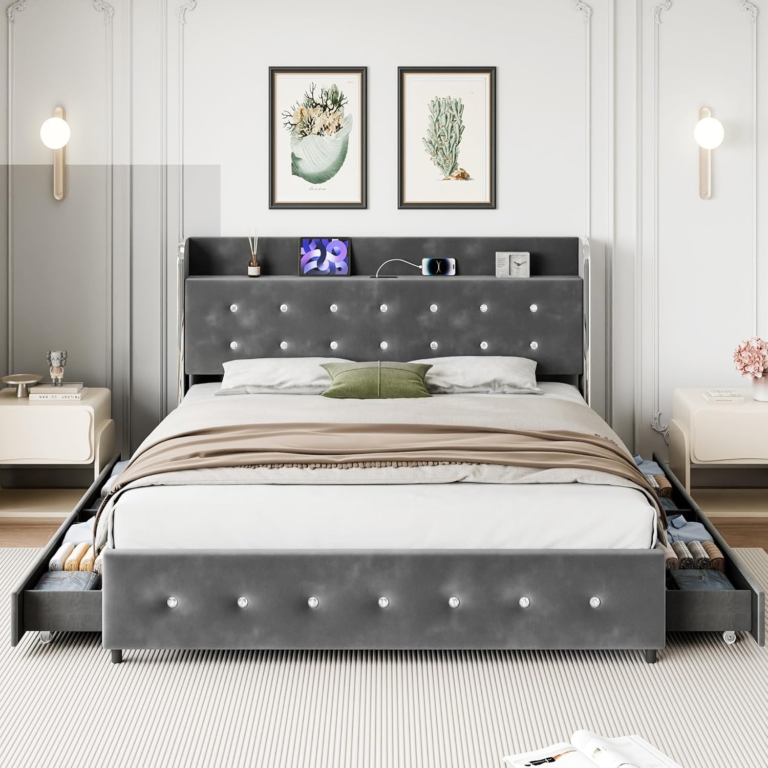 Garvee King Size Upholstered Platform Bed Frame With Integrated Trundle ...