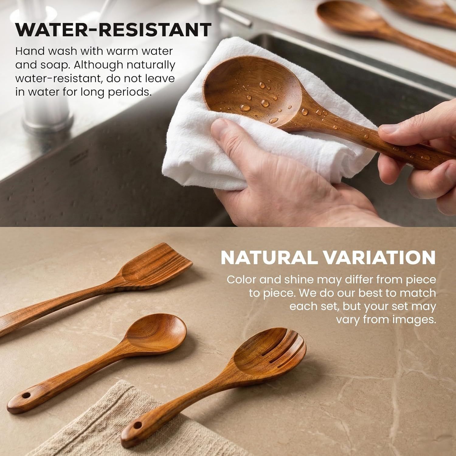 Zulay Kitchen 12 Piece Teak Wooden Utensil Set Natural Cooking Spoons ...