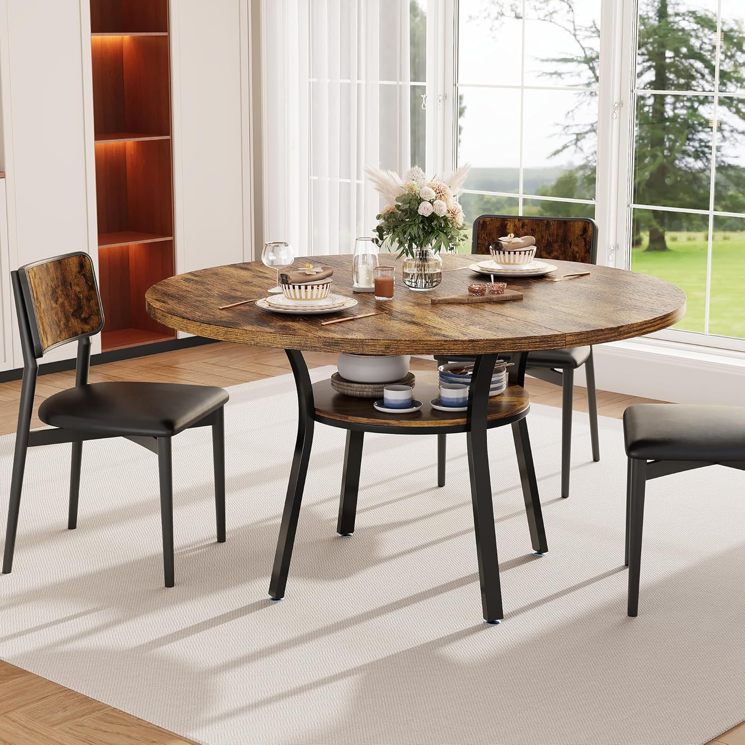 Garvee Brown Farmhouse Round Table 47 Inch with Storage Shelf ...