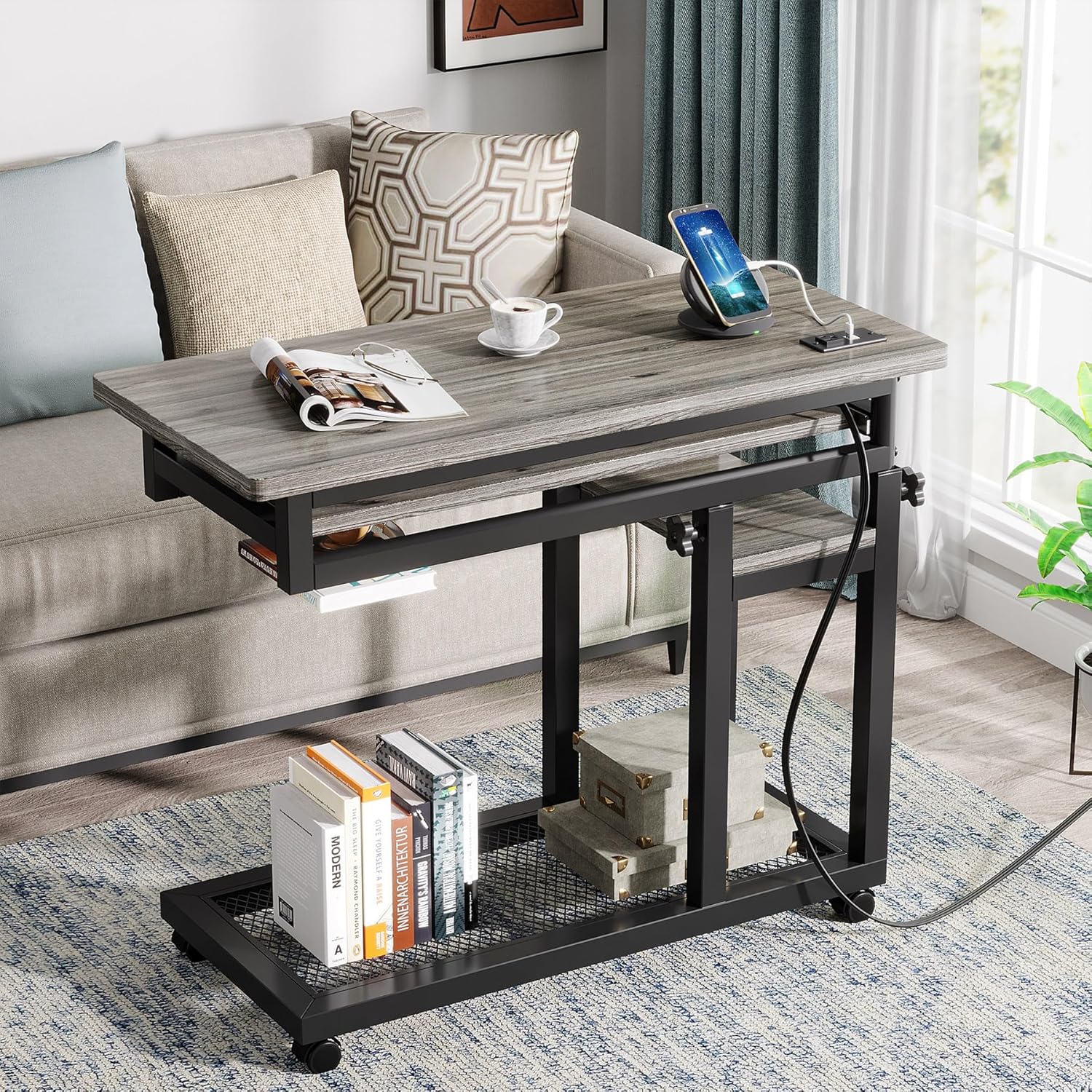 Tribesigns Small Portable Desk with Power Outlet Height Adjustable Sofa ...