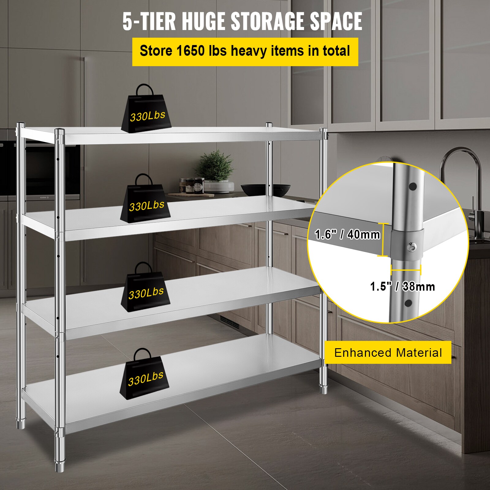 VEVOR Storage Shelf 4 Tier Stainless Steel Shelving Storage Shelving ...