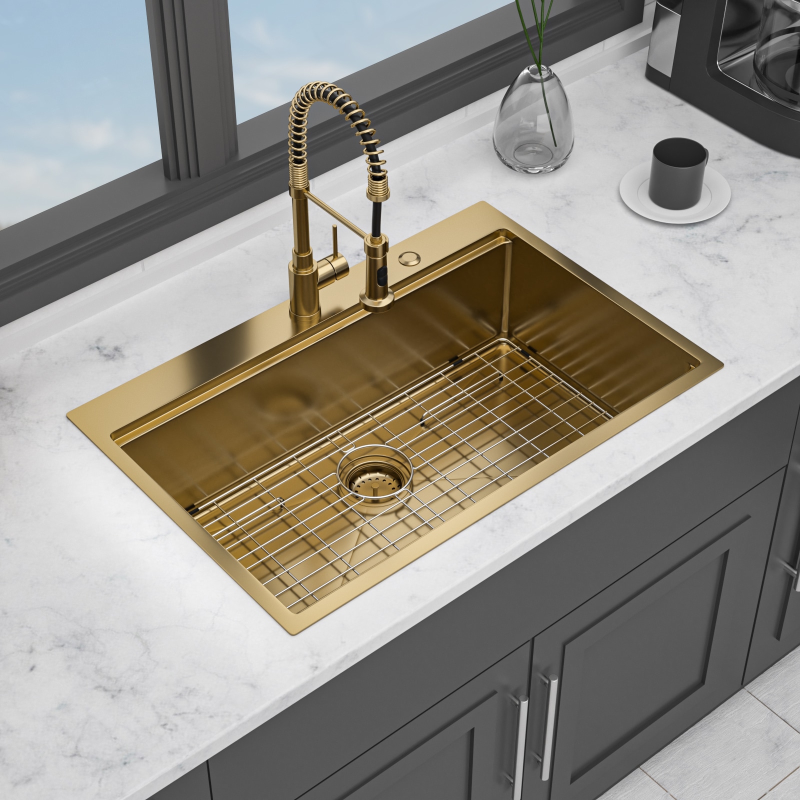 Dimakai 33x22x10 Inch Gold Drop In Workstation Sink 16 Gauge Stainless ...