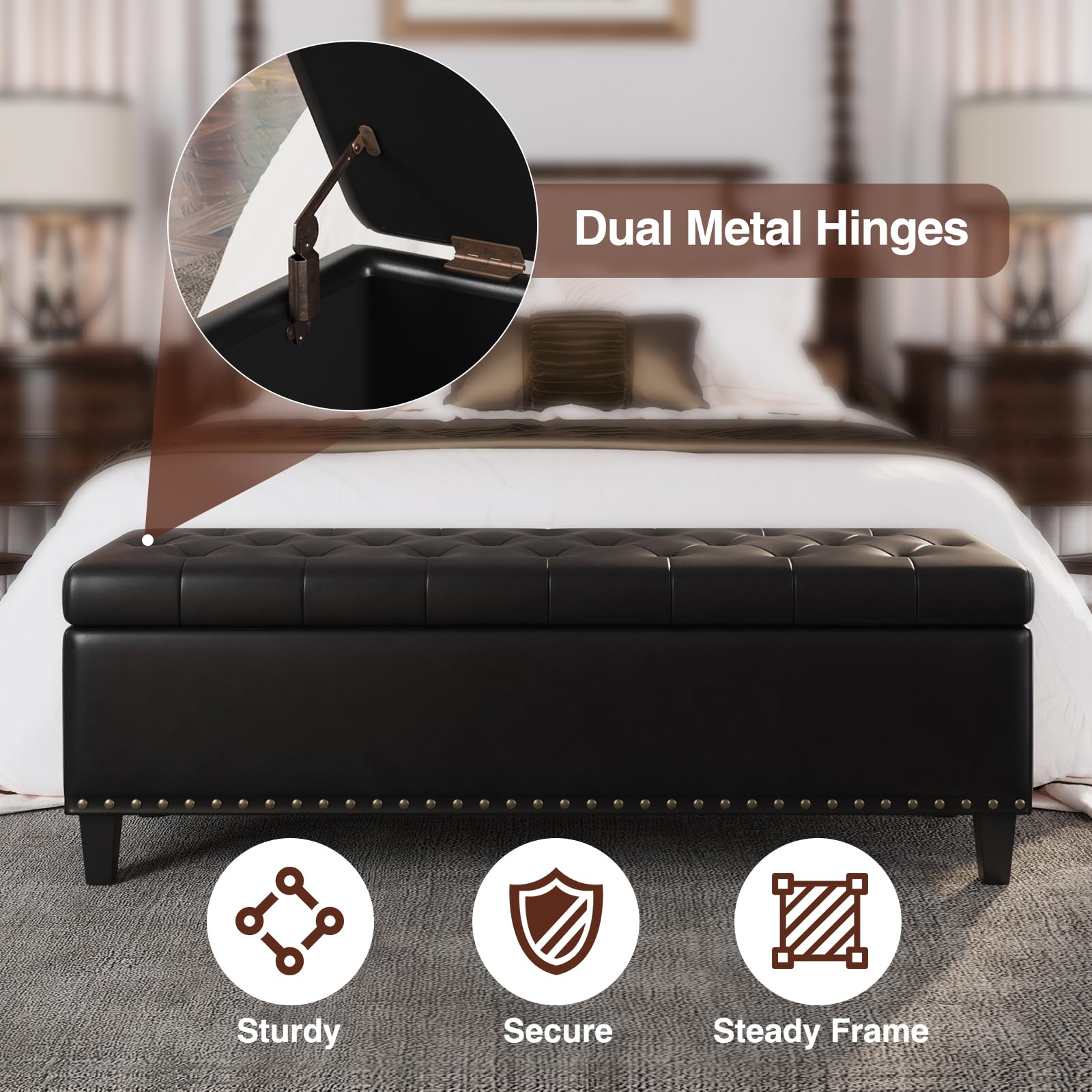 Vabches Casual Black PU Leather Rectangle Storage Ottoman 51-in Tufted ...