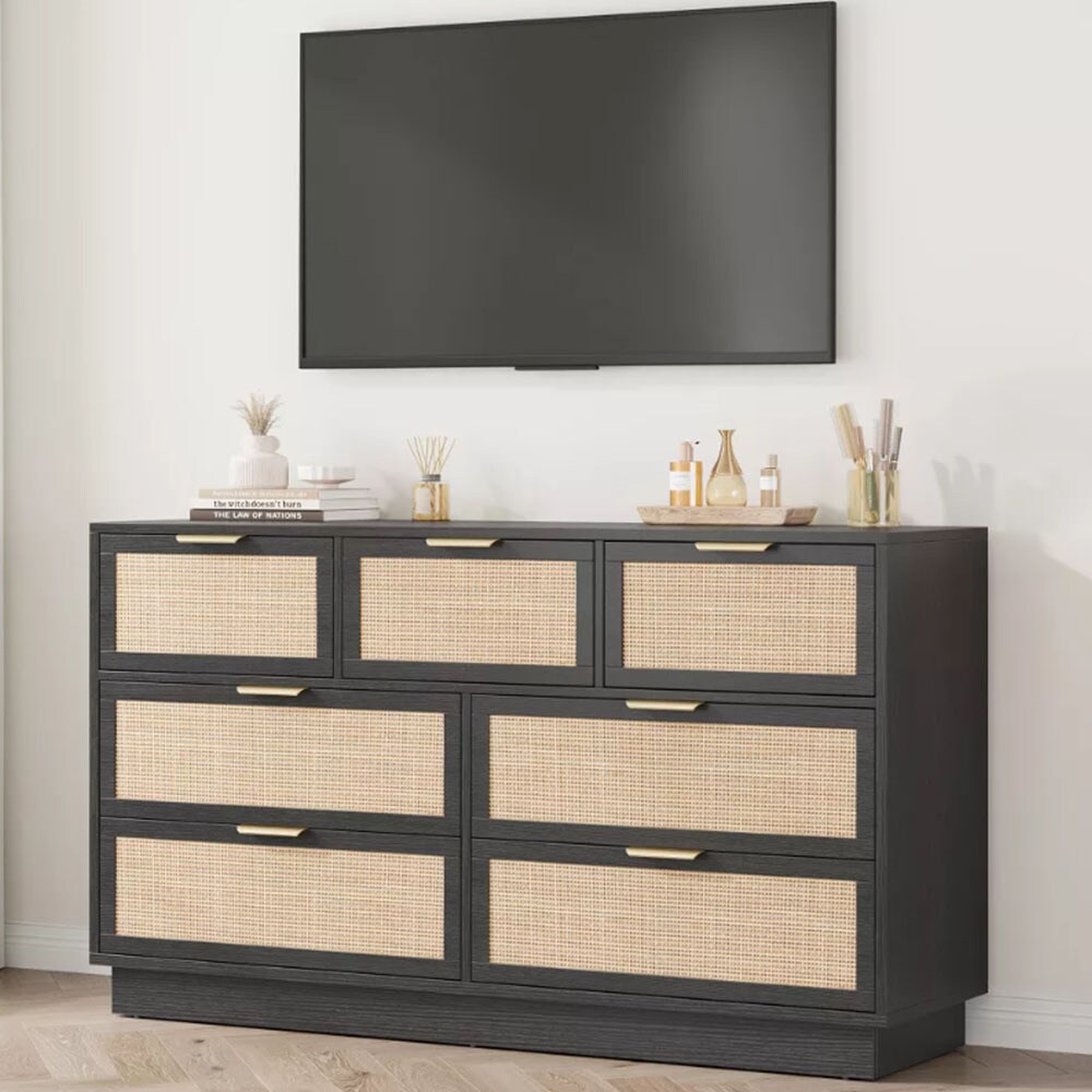 Garvee Black 55 Inch Wide Rattan Dresser With 7 Drawers Metal Handles ...