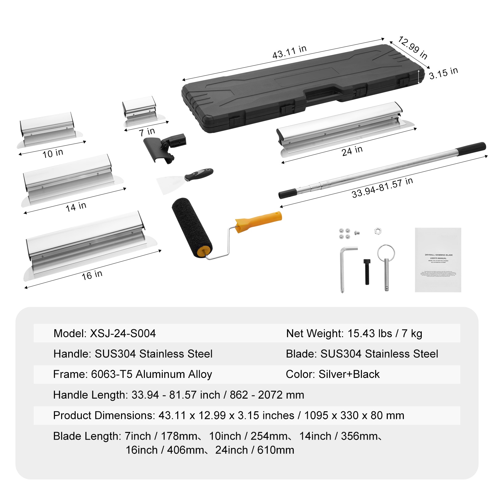 VEVOR Drywall Skimming Blade Set 7/10/14/16/24 in Skimming Blades + 34 ...
