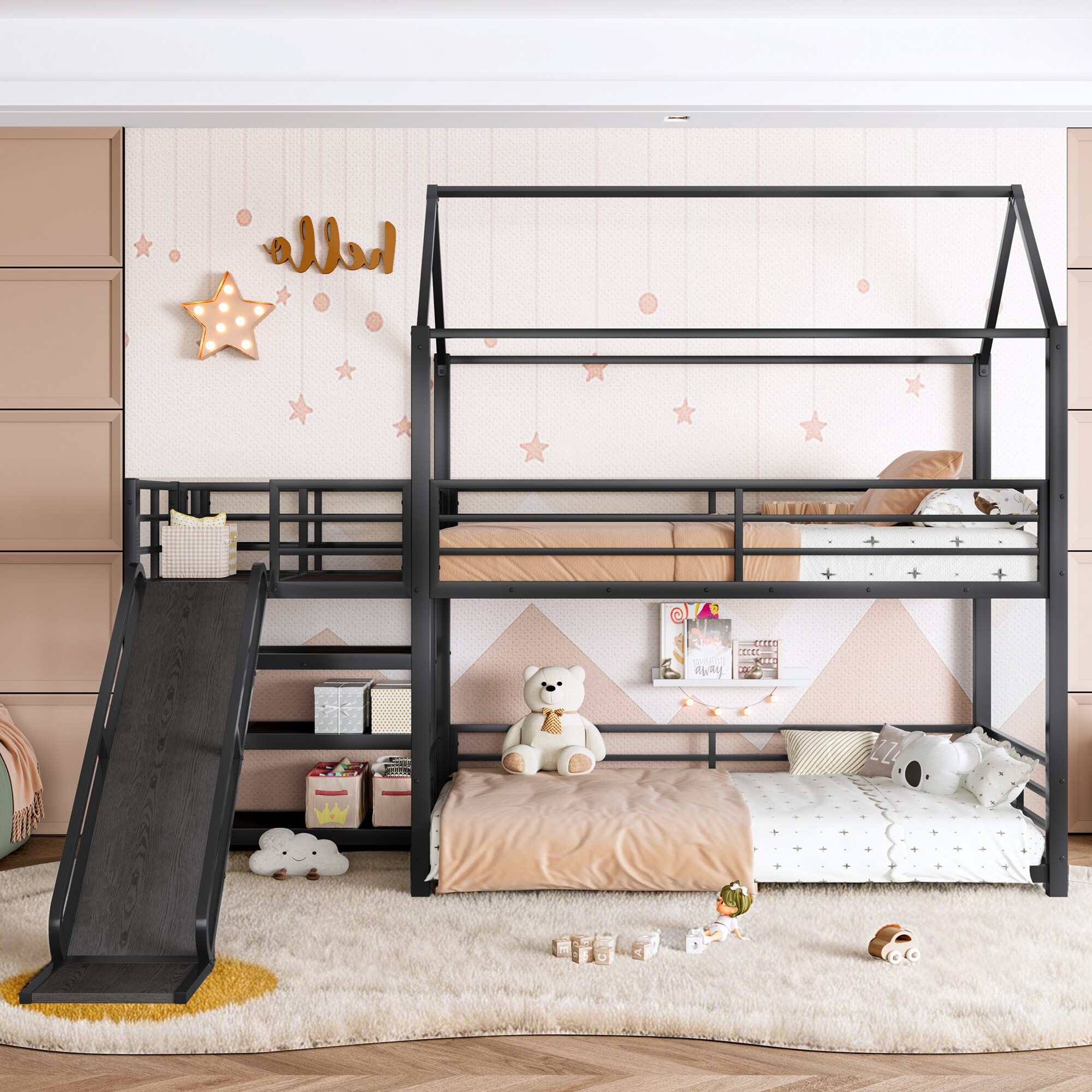 Tinyhomie Twin Size Metal House Bunk Bed with Storage Stairs and Slide ...