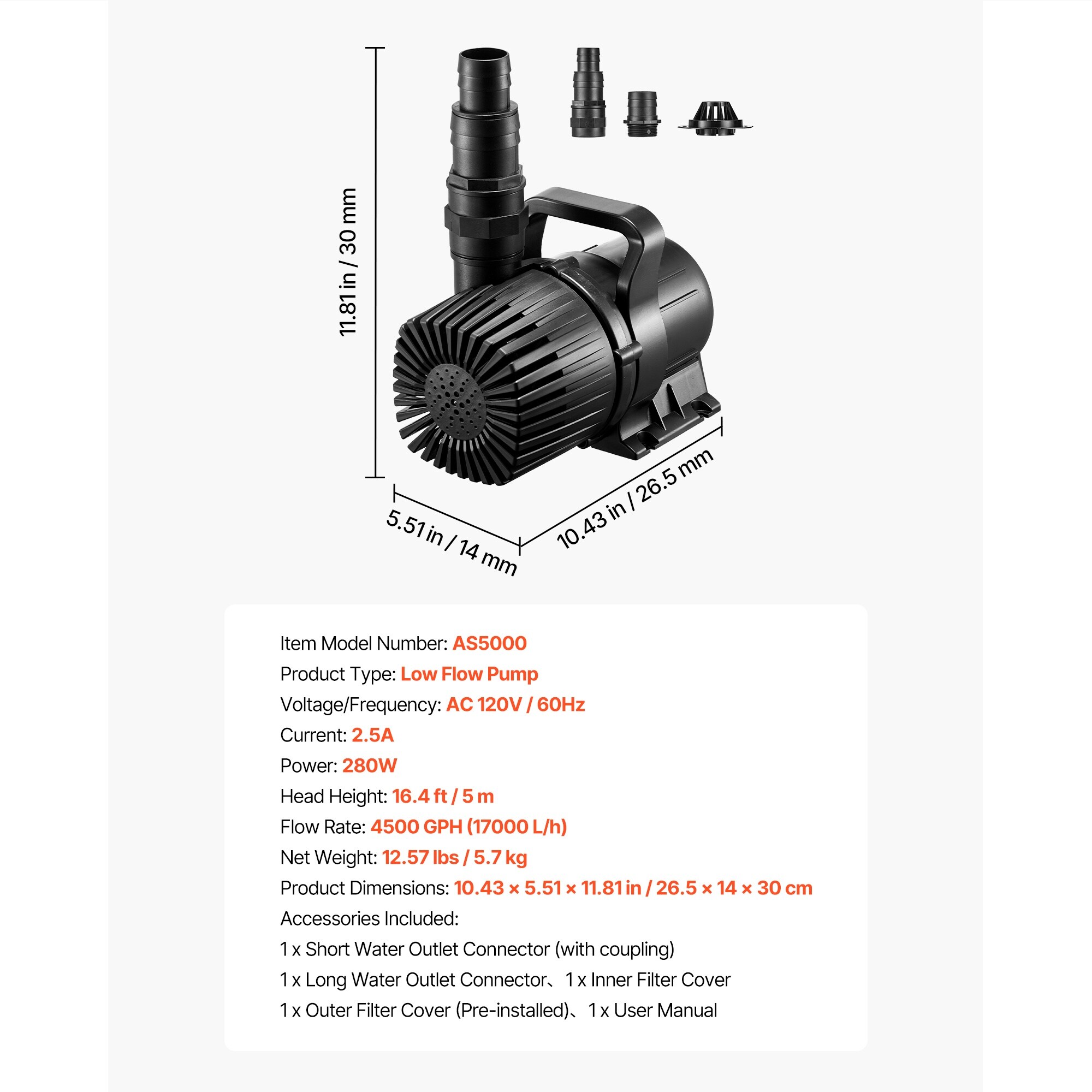 Angel Sar 16.4ft Lift Height 3 Outlet Adjustable Flow Direction Black ...