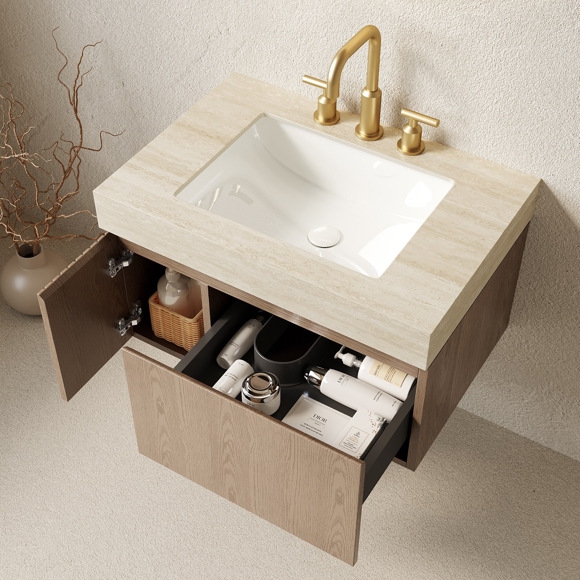 Afhocomp 30 in. Single Sink Wall-mount Light Brown Bath Vanity with ...