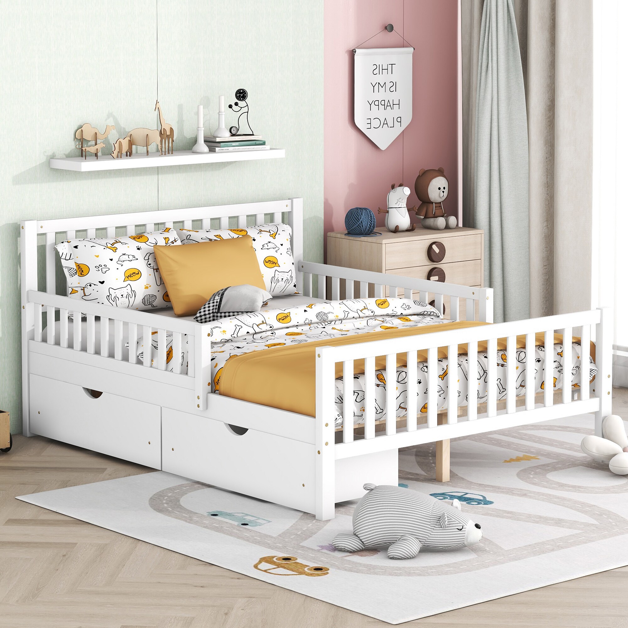 Tatayosi White Full Size Platform Bed with Safety Guardrails and Two ...