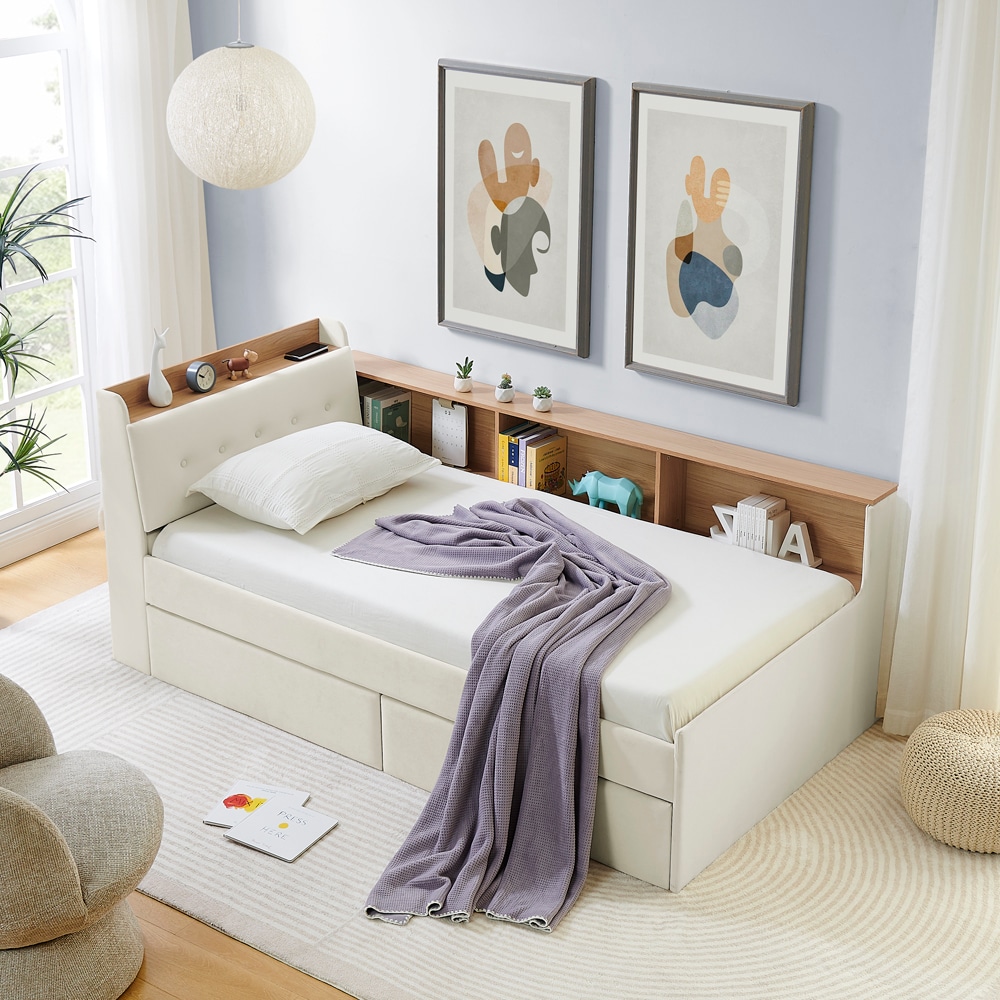 LUXEYARD Twin Size Upholstery Velvet Day Bed with Storage Headboard and ...