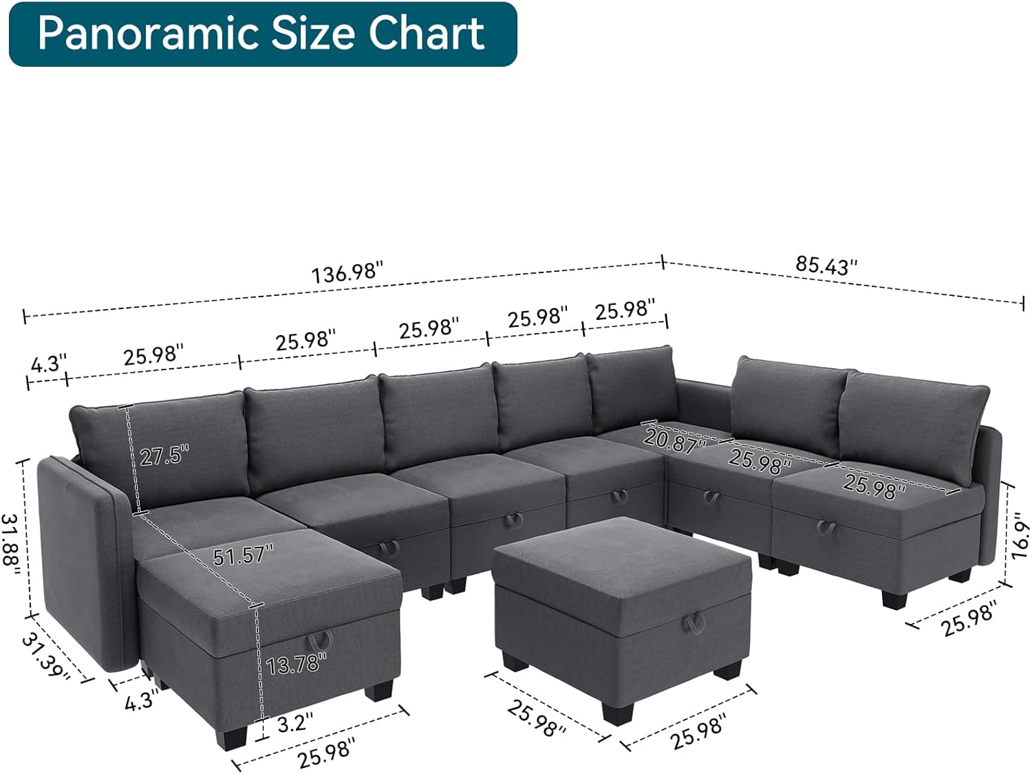IdealHouse Modular Sectional Sleeper Sofa-9 Seat U-Shaped-With Storage ...