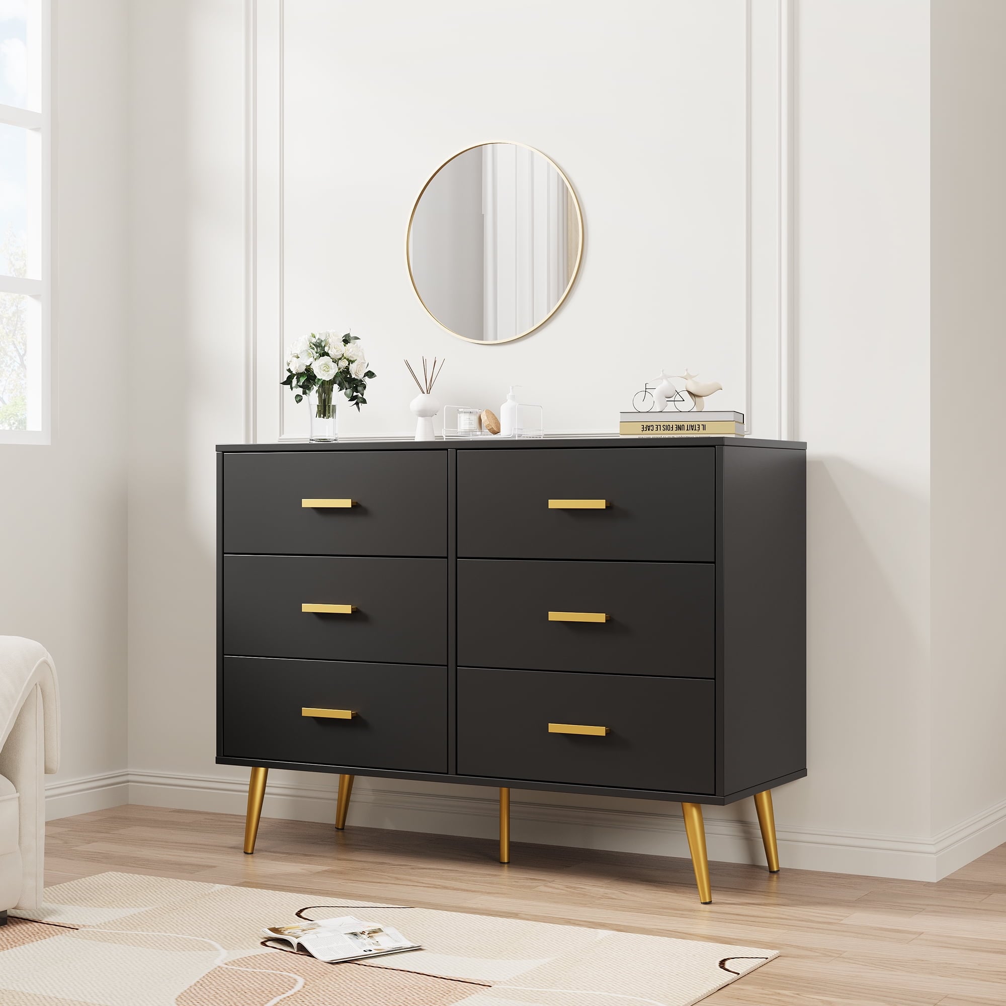 GAOMON 6-Drawer Chest of Drawers- PB Board with Black Gold Hardware ...