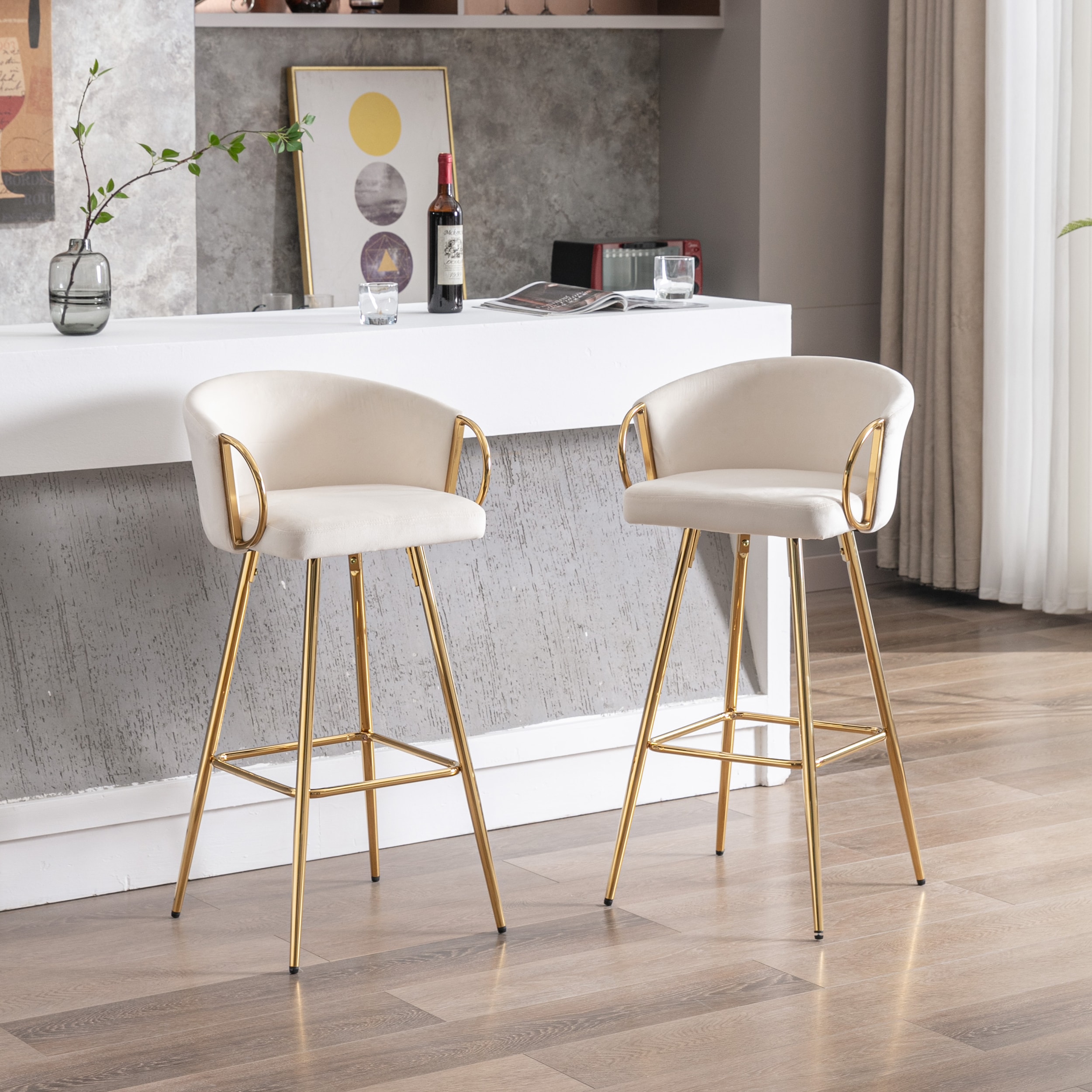 JEAREY Cream Colored Luxe Velvet Upholstered Armrest Counter and Bar ...