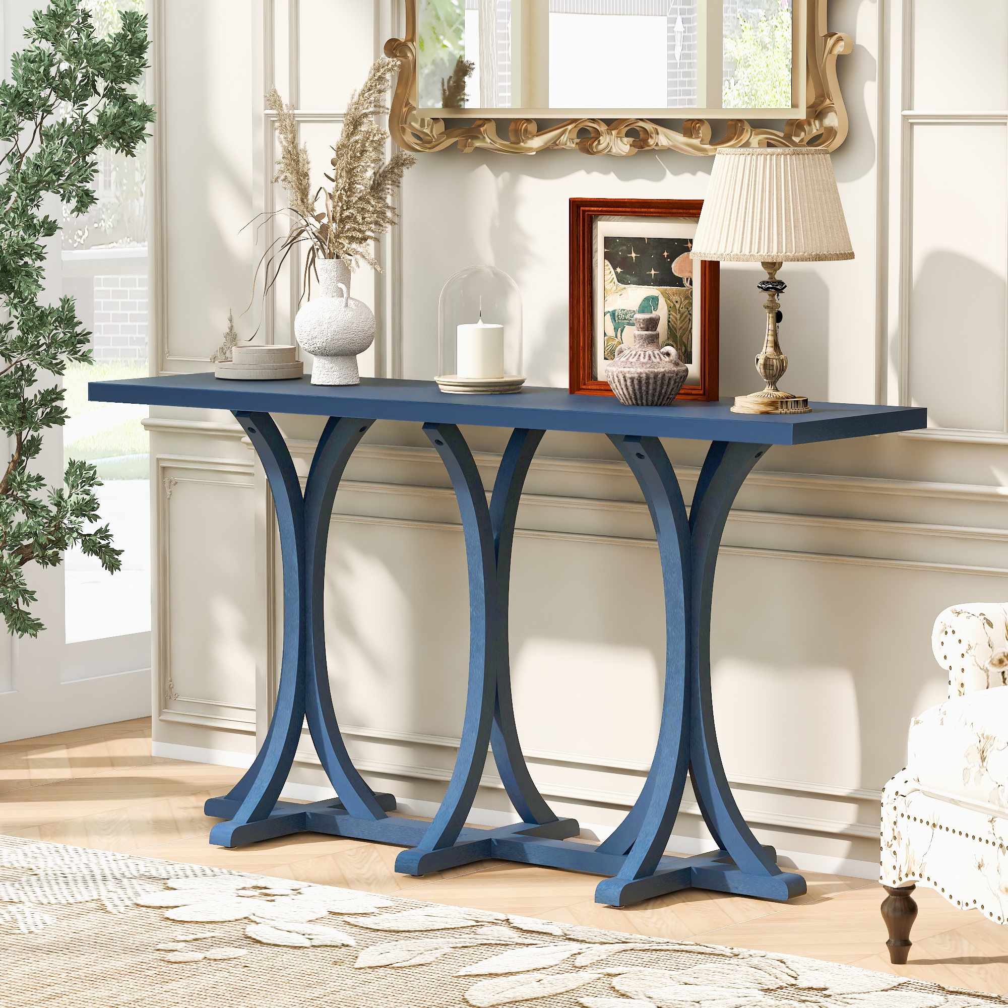 LOVMOR U Style 59.8inch Wooden Console Table with Oak Veneer ...