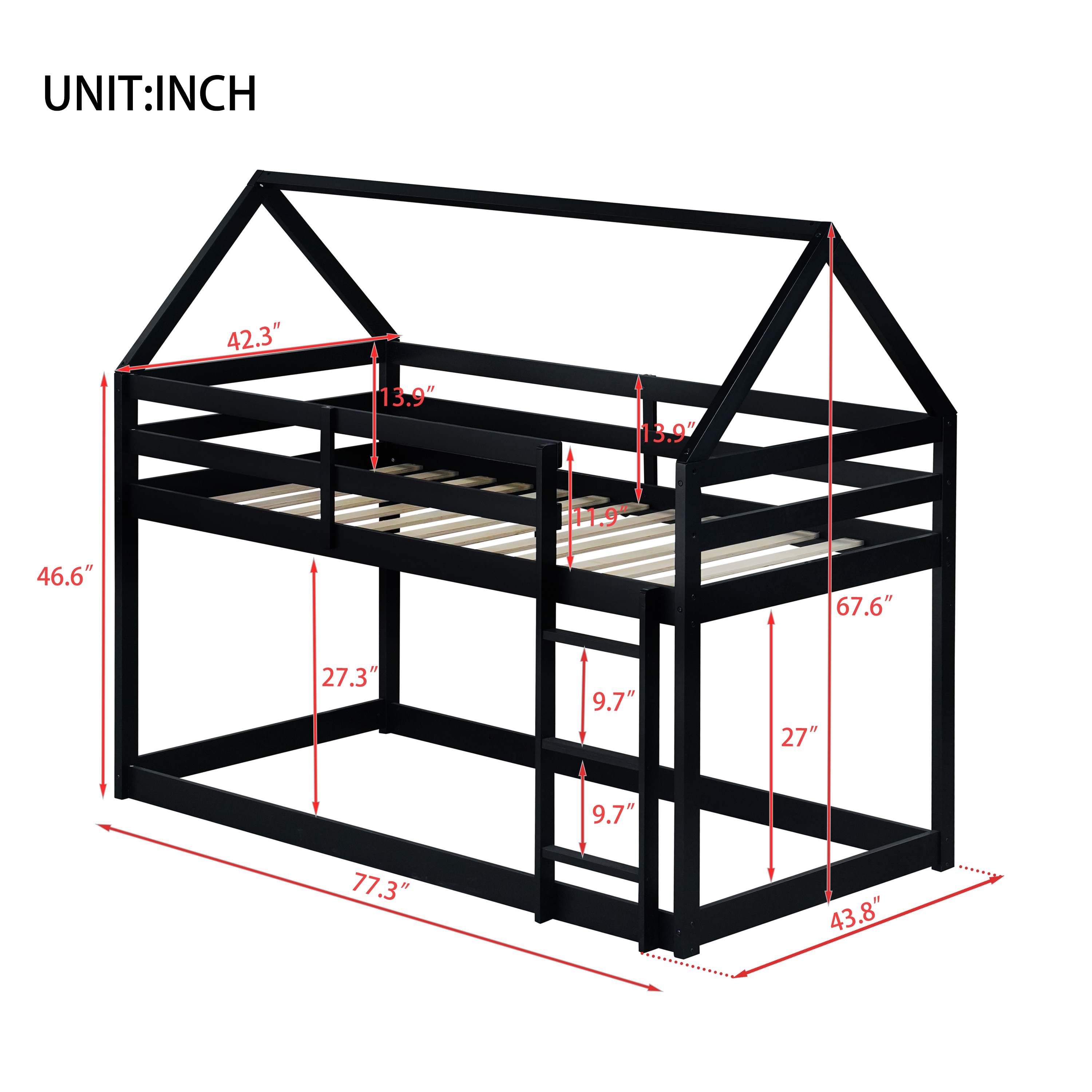 KTMBDW Low Bunk Bed Twin Over Twin - Floor Bunk Bed with Ladder and ...
