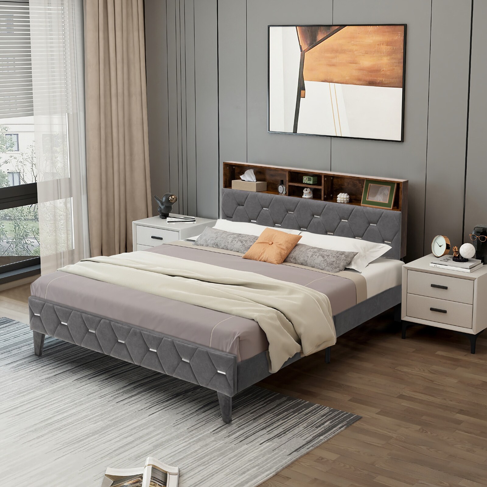 Fenbeli Upholstered Bed Frame with Velvet Storage Headboard Heavy Duty ...