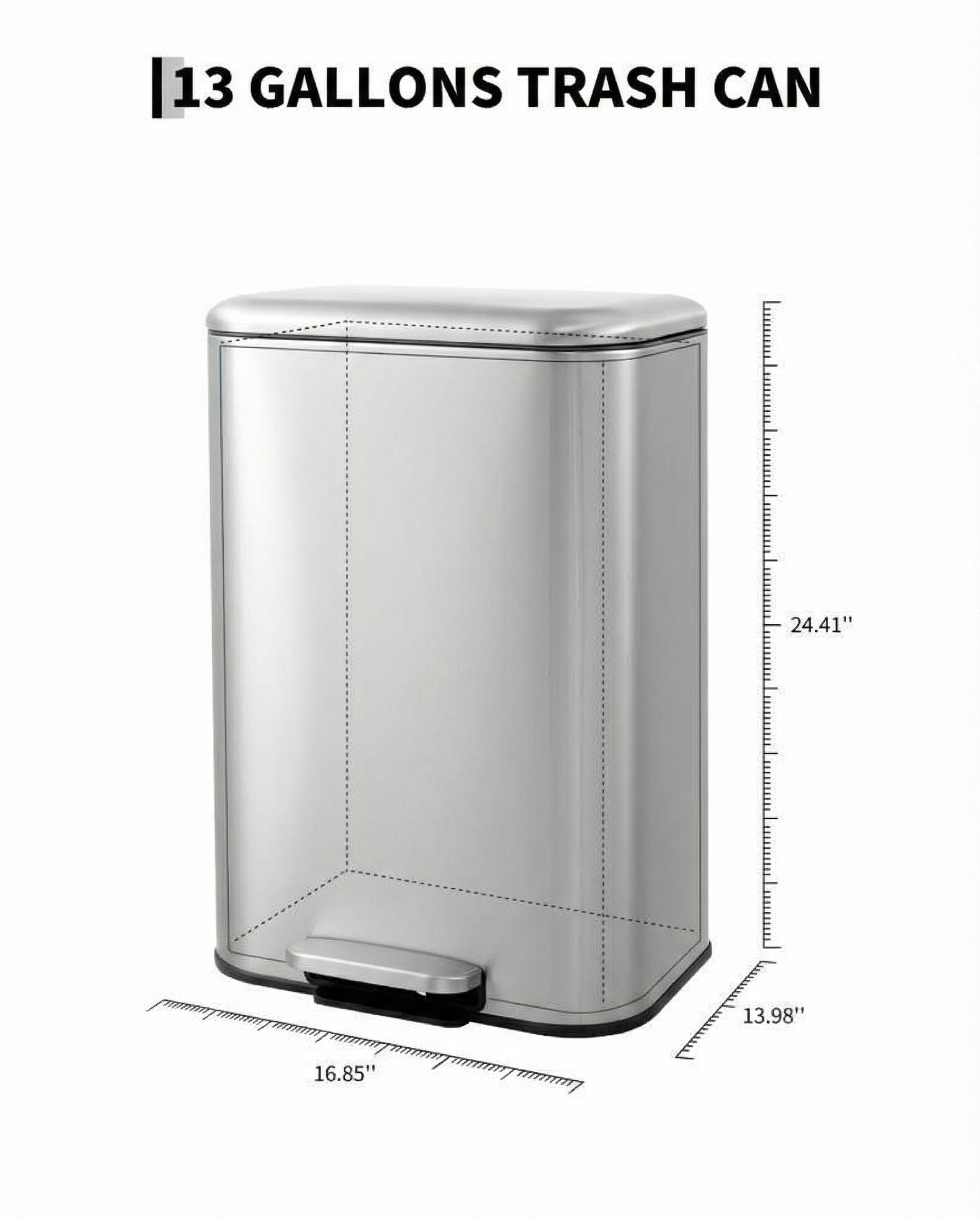 Aoile 13 Gallon Trash Can Stainless Steel Garbage Can with Removable ...