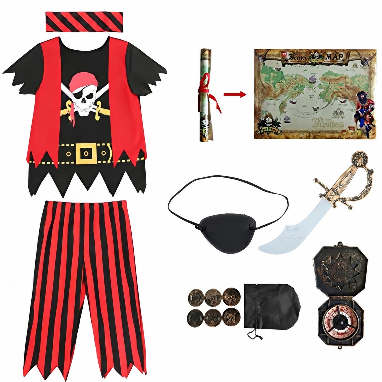 Afoxsos Kids Pirate Costume Set with Top Pants Bandana Eye Patch ...