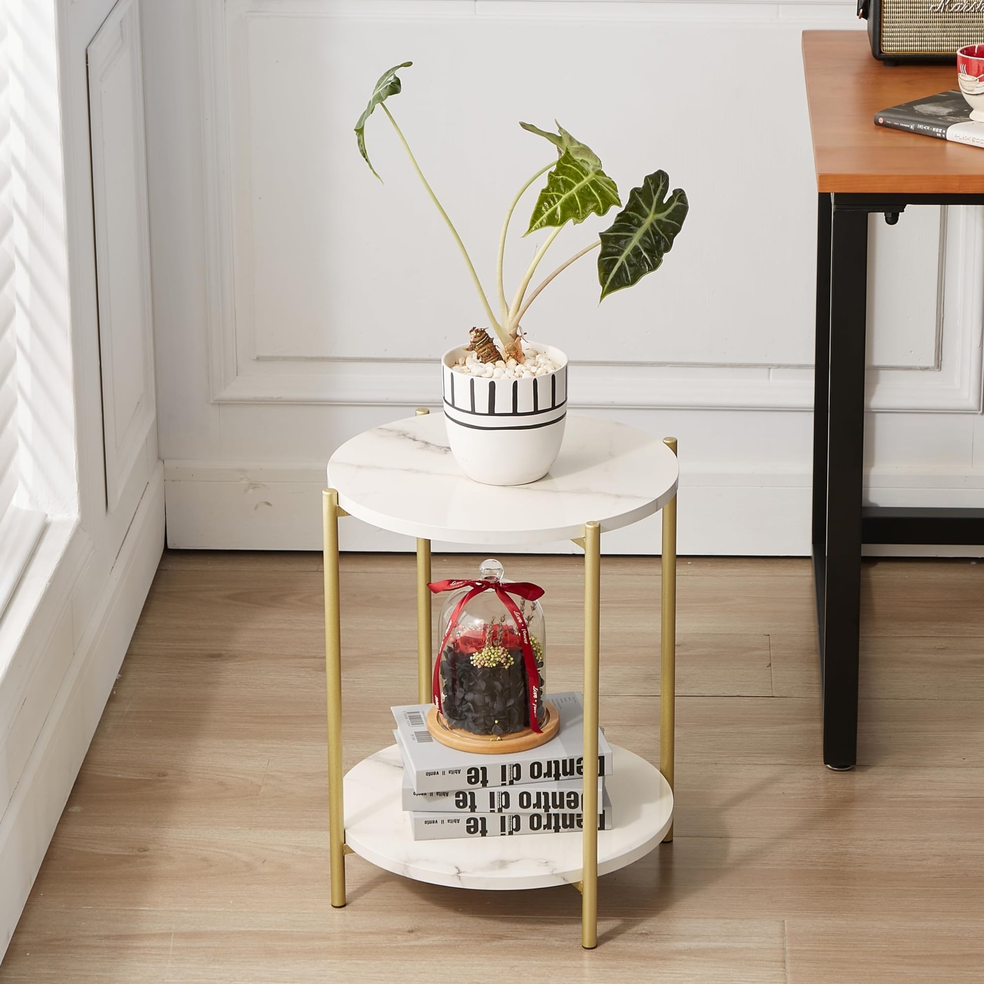 Phewnyzo Two Tier Round Side Table Faux Marble White Waterproof ...