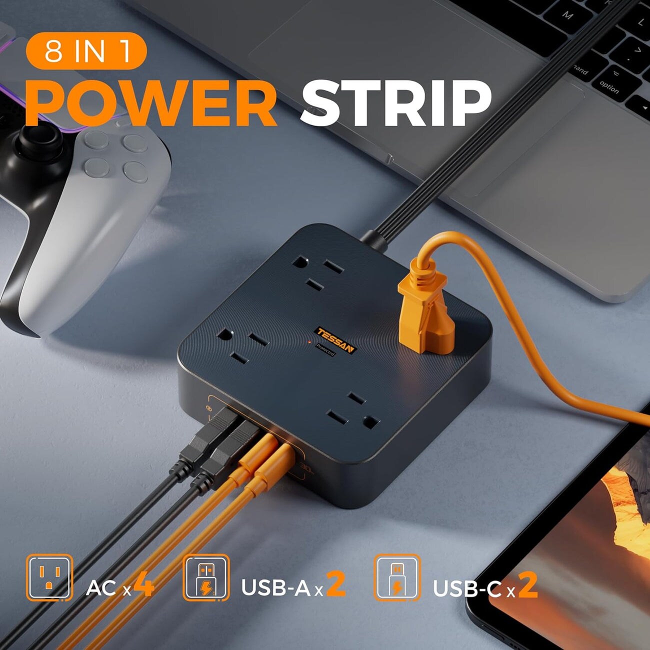 LENCENT Flat Plug Power Strip 5 ft Extension Cord 4 AC Outlets 4 USB ...