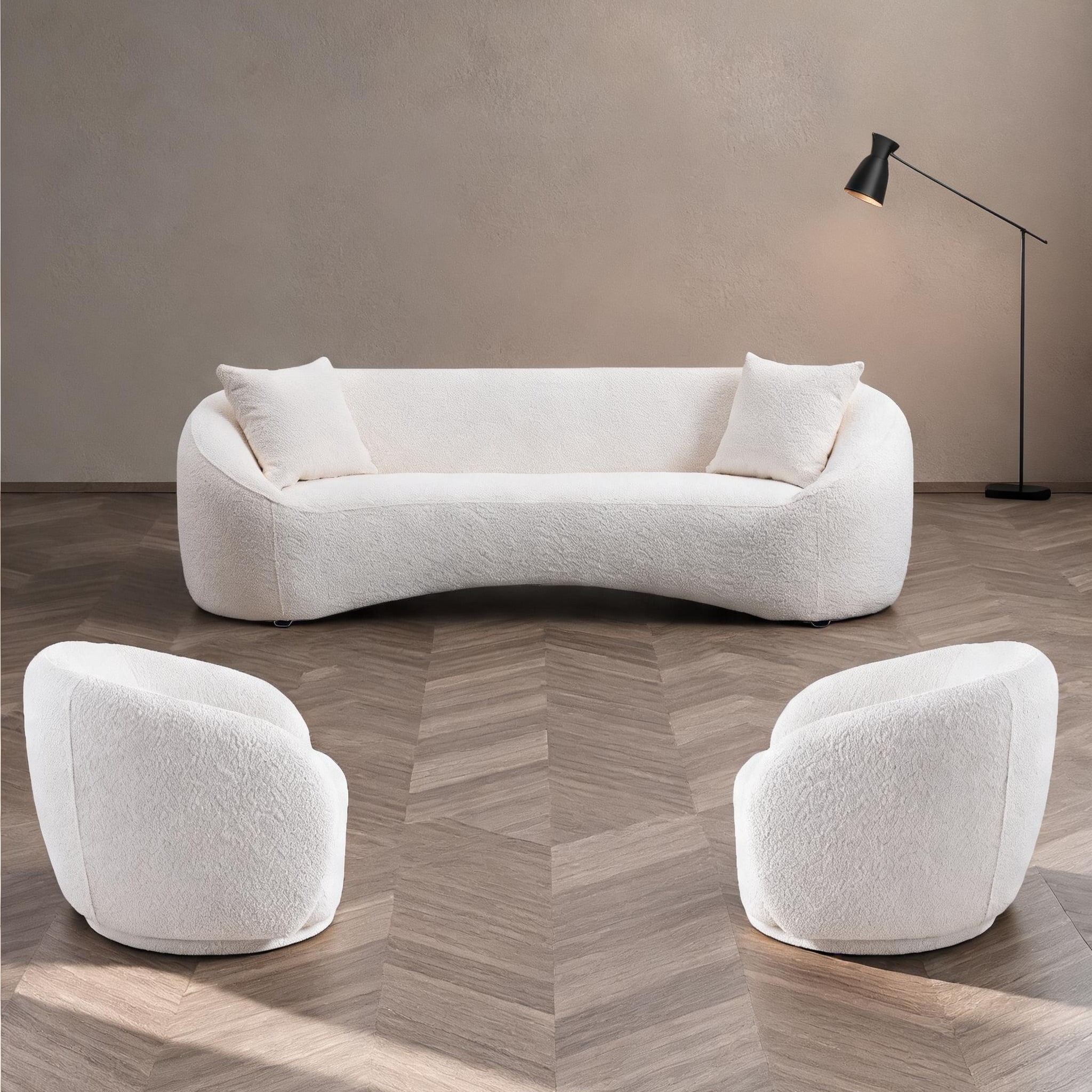 Naturefalls Minimalist Curved Boucle Sofa 93.31-Inch 3-Seater White ...