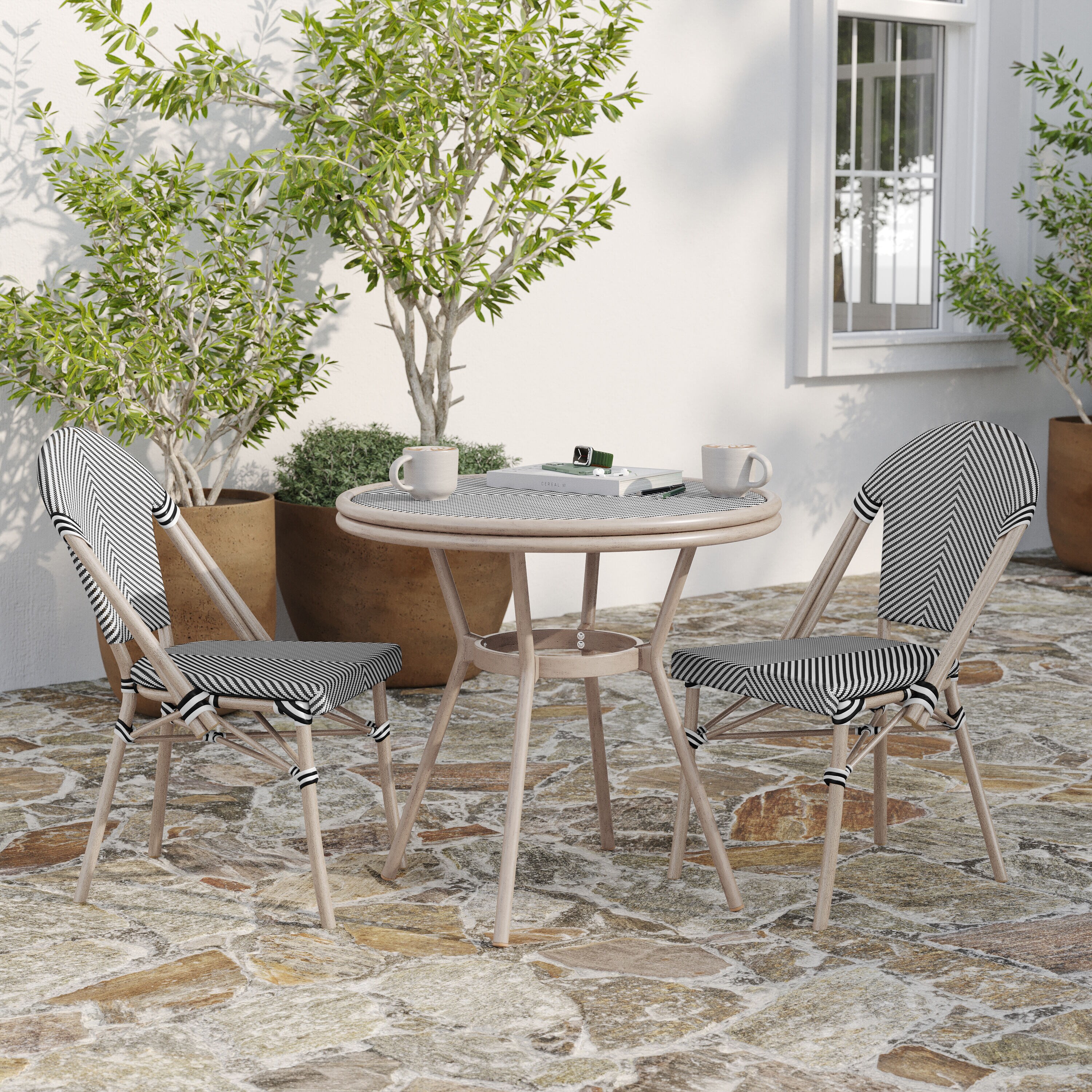 Merrick Lane Celia Bistro Style Table with Glass Top; Natural and White ...