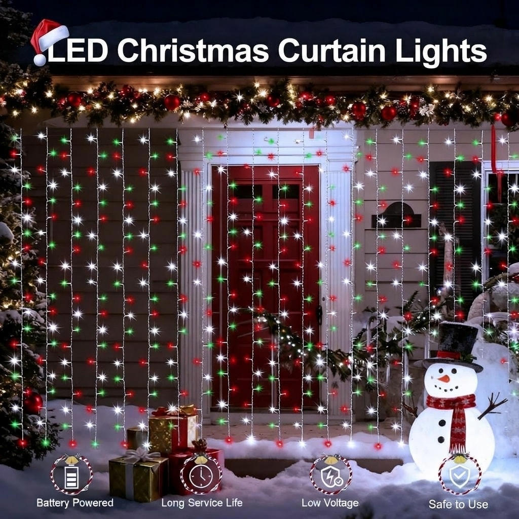 Oyezvary Red White Green Christmas Curtain Lights 300 LED Fairy Hanging ...