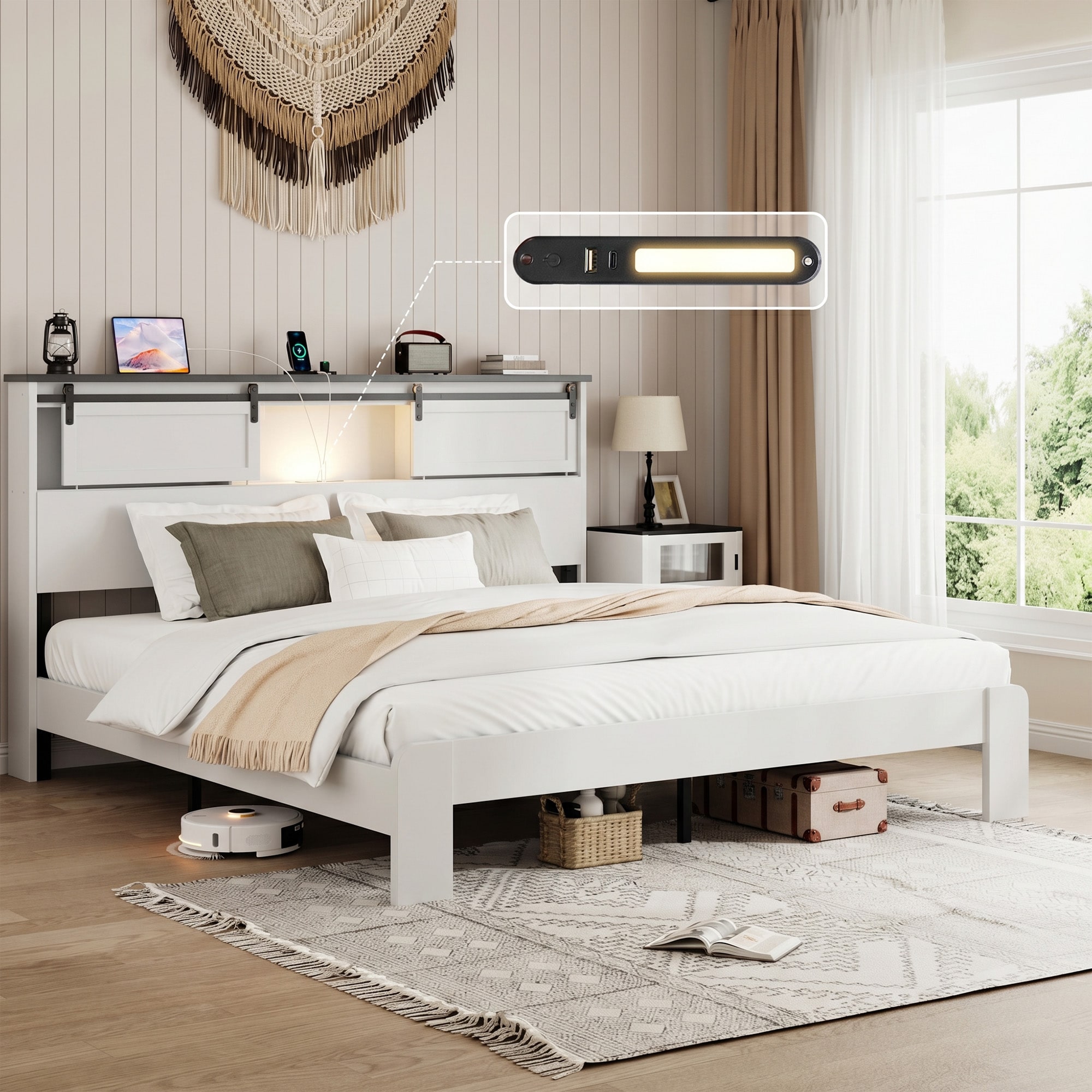 Dimakai King Size White Metal Bed Frame with Storage Headboard in the ...