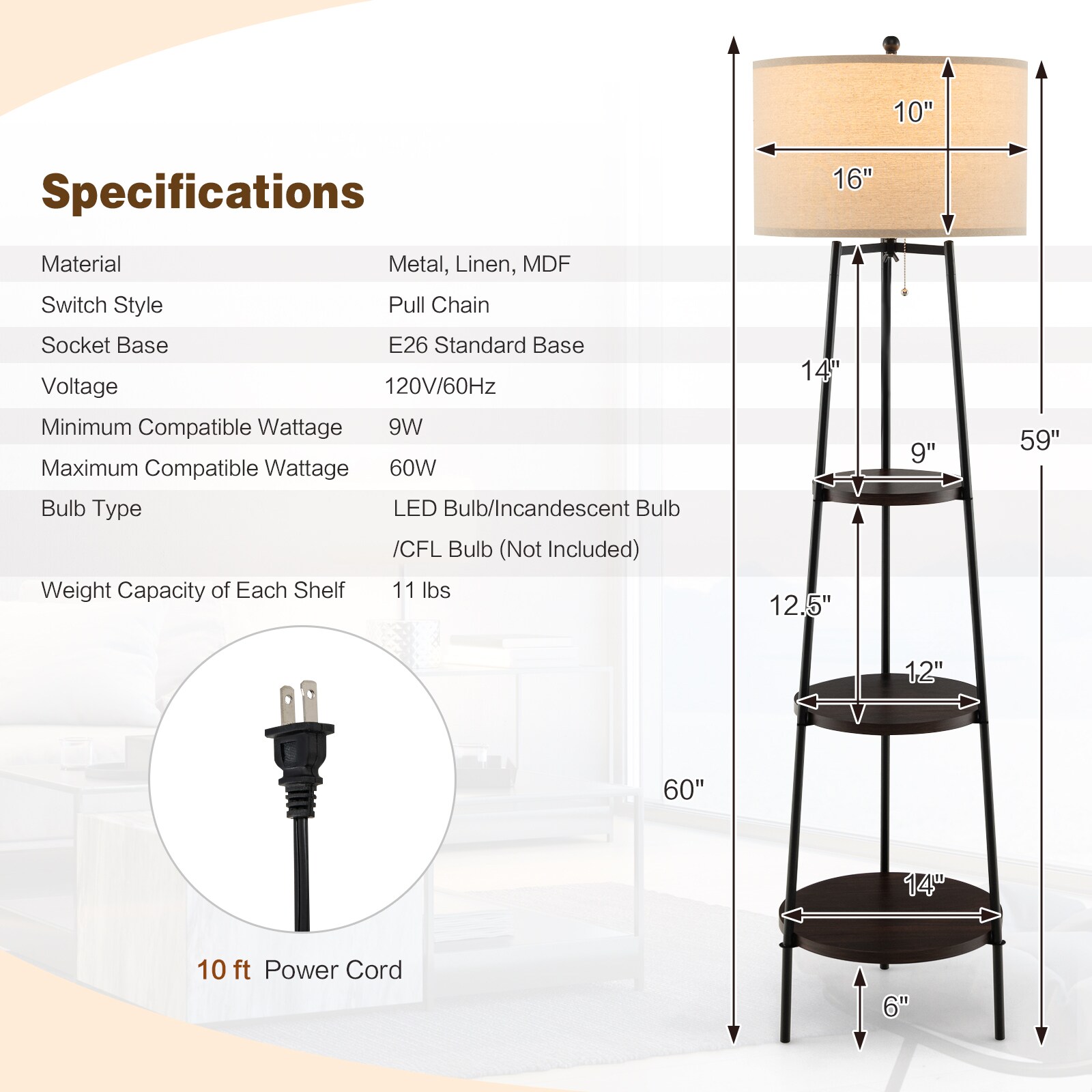 Slickblue 60 in Black Floor Lamp with Linen Shade and 3 Open Shelves ...