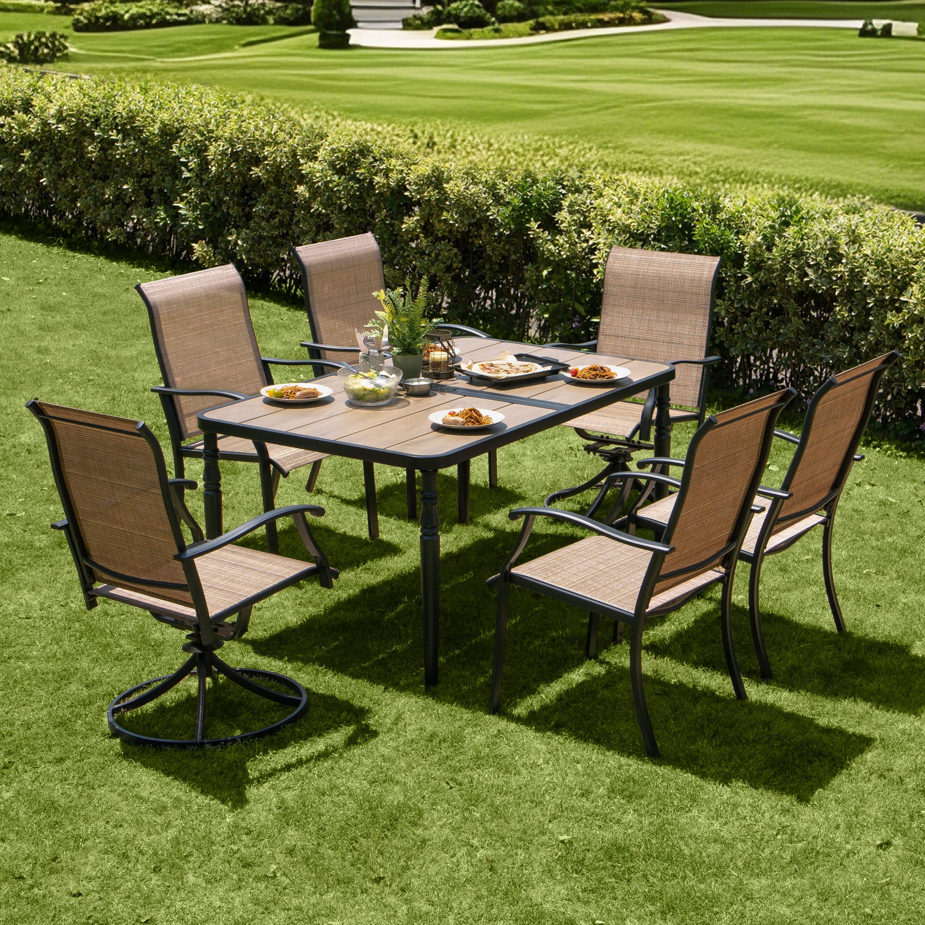 Nuu Garden 7 -Piece Brown Straight Leg Table Patio Dining Set Iron ...