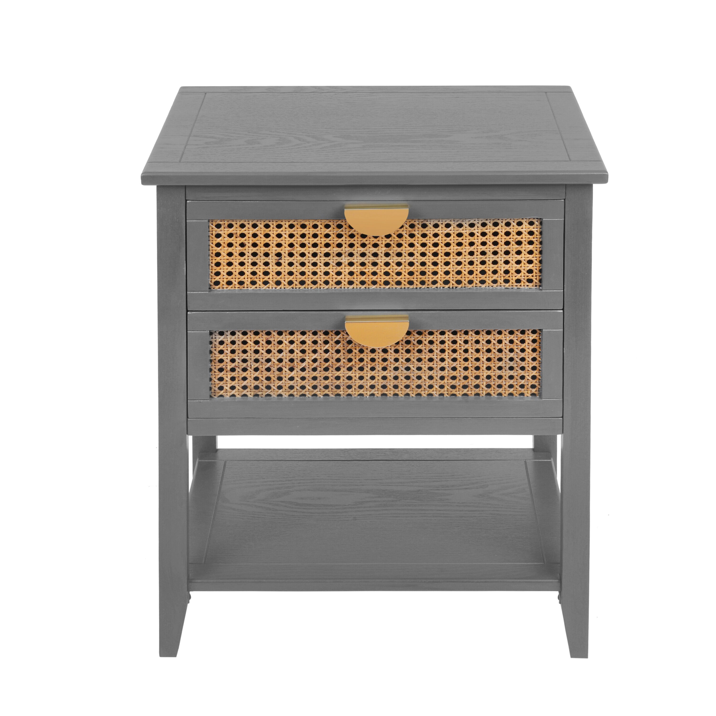 GDFStudio Gray 2 Drawer Side Table with Natural Rattan Design for ...